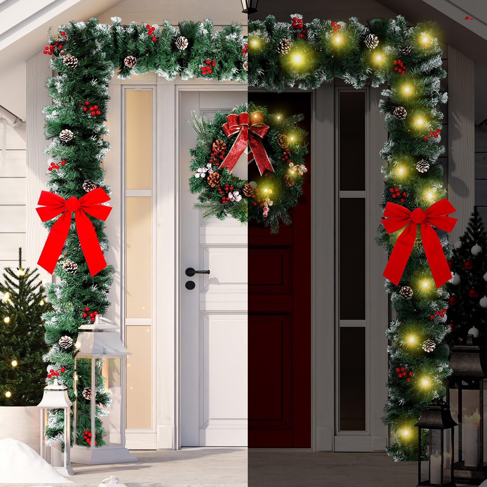 Yingzhao Christmas Wreath Decoration Kit - Includes 18ft Garland Lights, 16'' Wreath, 20 LED Lights, Mental Hanger, 2 Red Bows