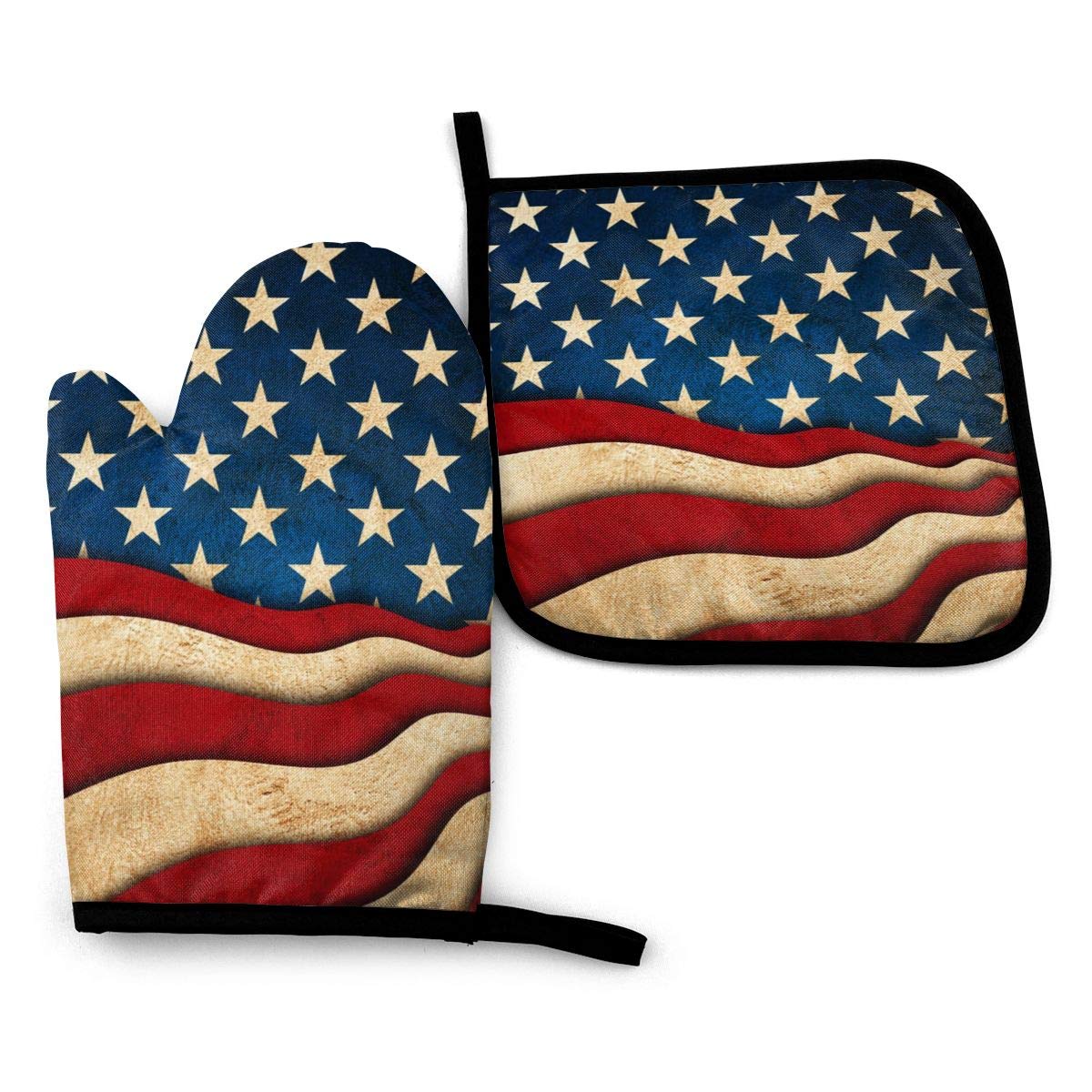 VunKo Retro American Flag Oven Mitts and Pot Holders Sets Heat Resistant Kitchen Oven Gloves Non-Slip for Safe BBQ Cooking Baking Grilling Set of 2