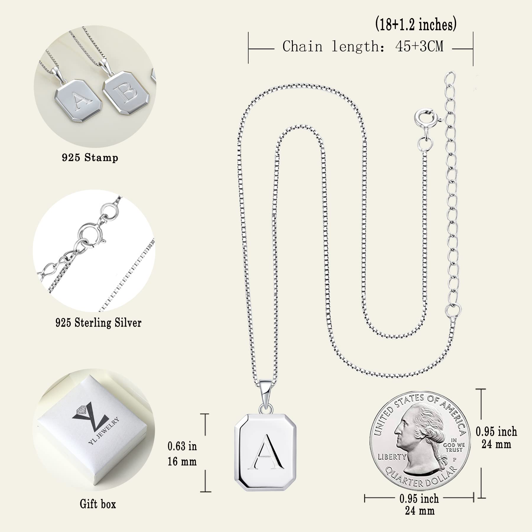 YL Initial Necklace 925 Sterling Silver Square Letter Pendant A Alphabet Necklace for Women