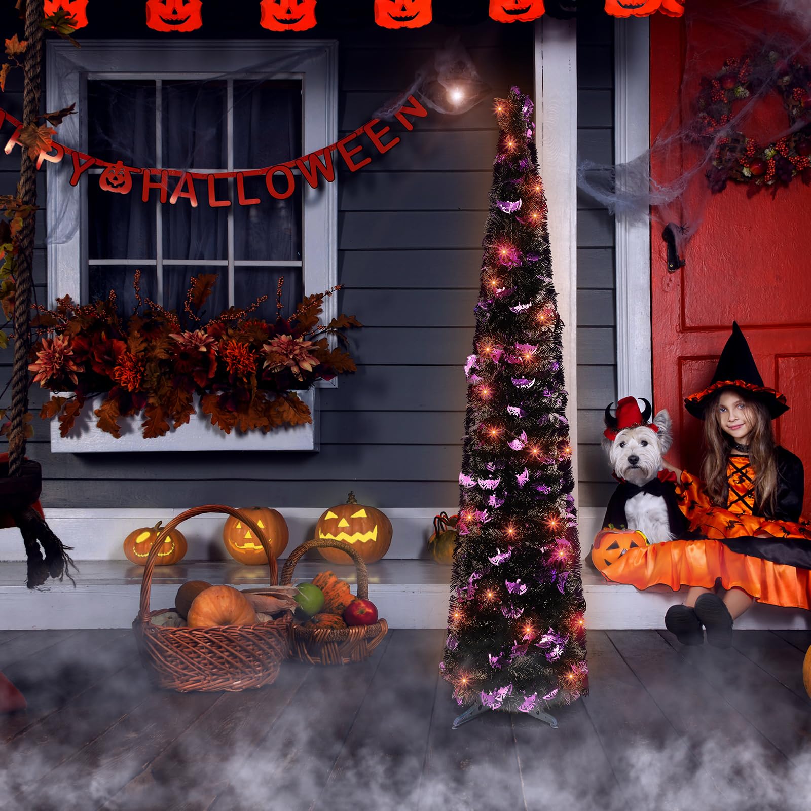 Therwen 5 FT Halloween Tree Halloween Artificial Black Tree with 50 LED String Lights Timer Bat Purple Pencil Collapsible Tinsel for Holiday Party Halloween Festival Home Decoration