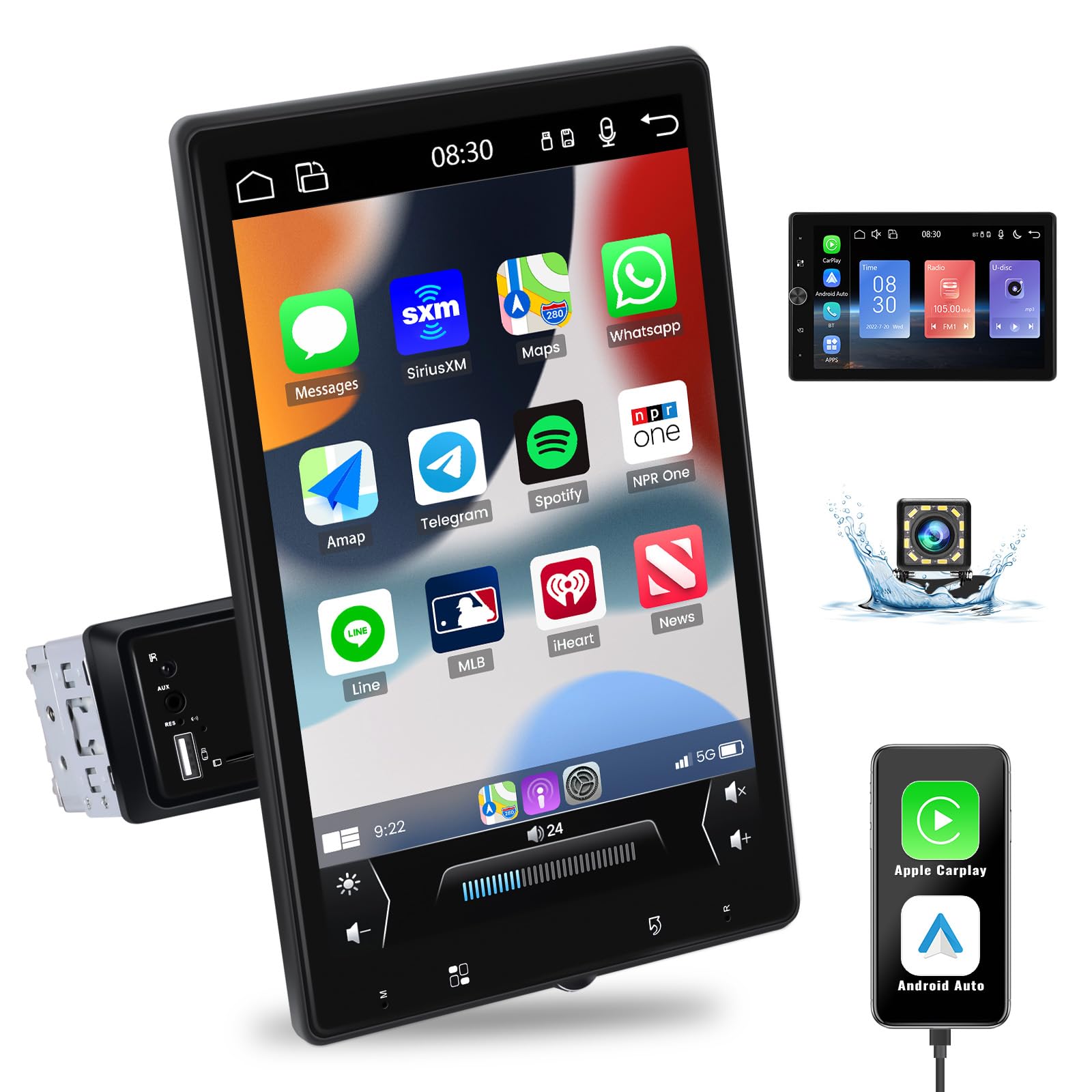 Single Din Apple Carplay Car Stereo with Android Auto, 10.4β Rotatable Vertical Touchscreen Bluetooth Car Radio with Mirror Link | Voice Control | FM Radio | 16-band EQ | USB | TF | AUX+Backup Camera