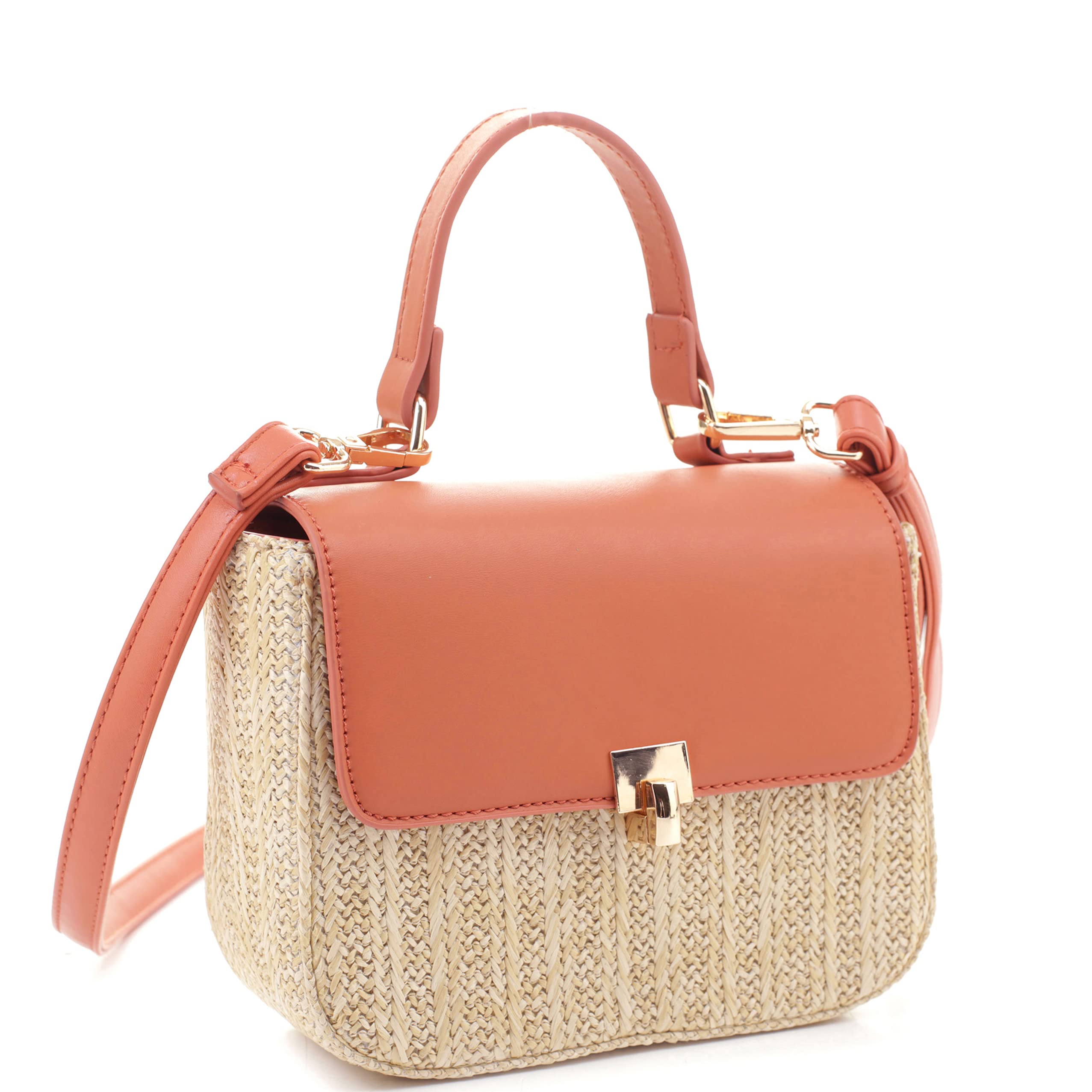 Womens Top-Handle Straw Rattan Structured Small Medium Flap Satchel Purse Crossbody Bag (Minimal Top-Handle - Tan)