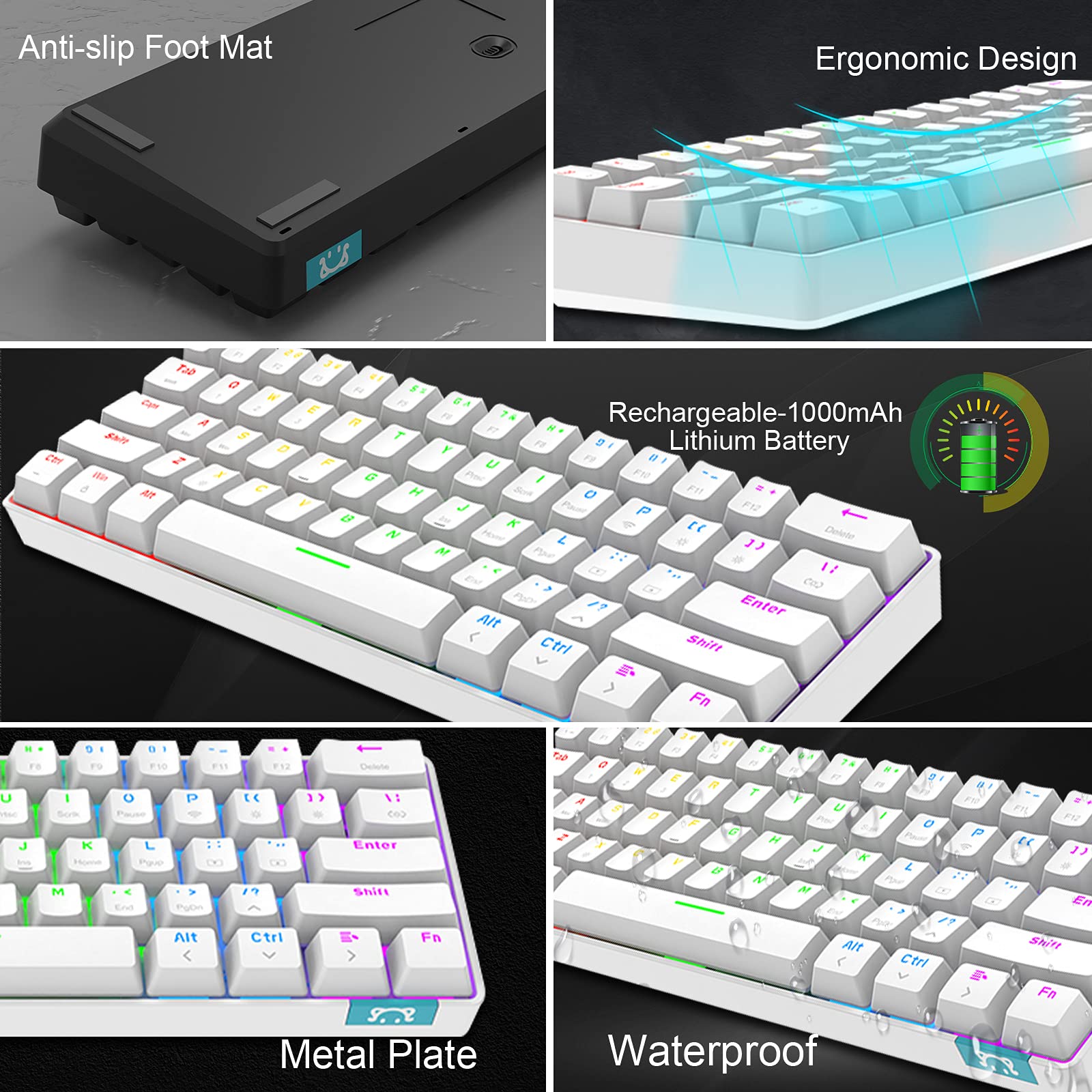 Wireless 60% Dual Mode BT5.0/USB-C Wired Mechanical Gaming Keyboard with Rainbow Backlight Compact 61Key Ergonomic Rechargeable Anti-ghosting Bluetooth for PC Typist Mac Gamer(White/Red Switch)