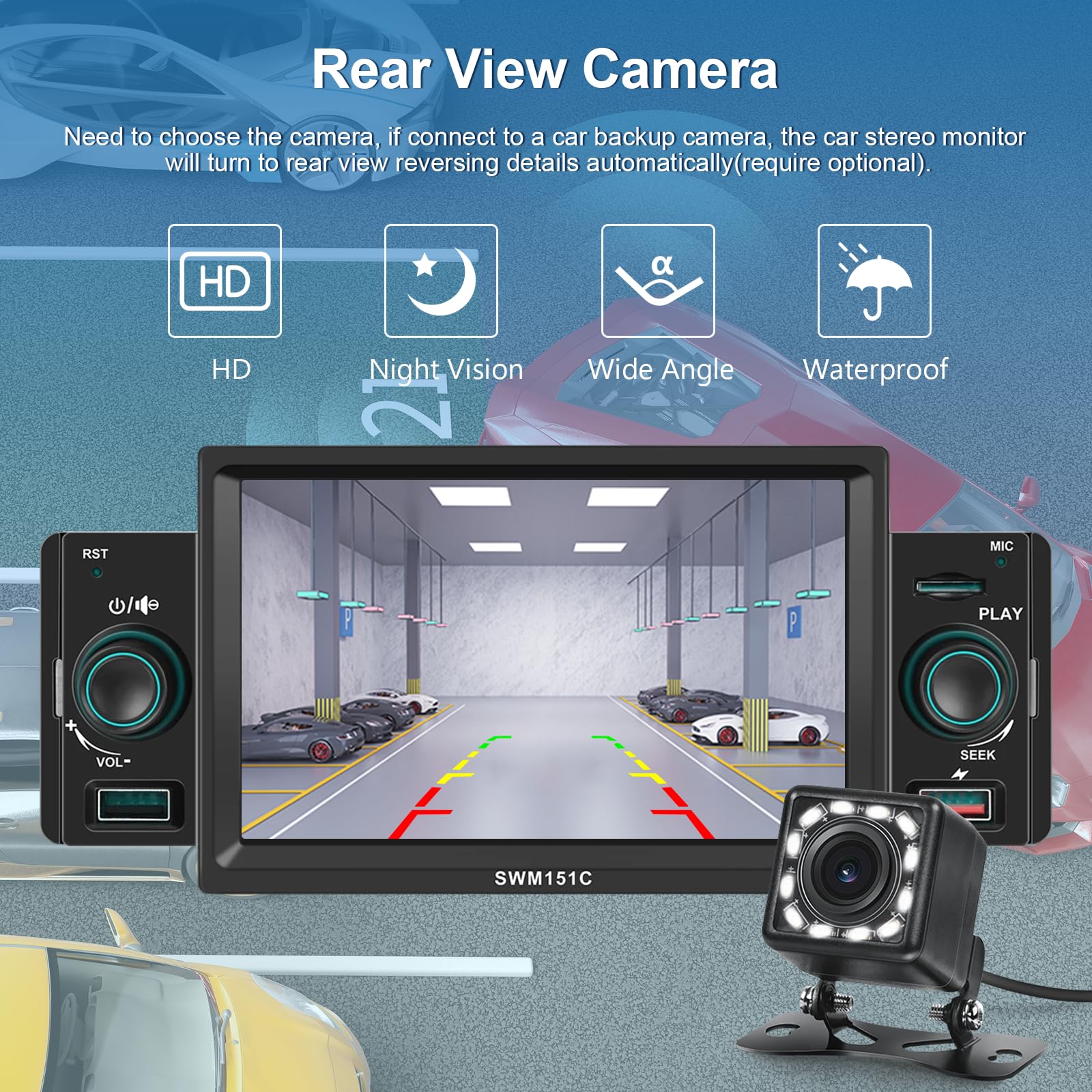 Single Din Car Stereo with Carplay Android Auto, 5 Inch Touch Screen Car Radio with Bluetooth 5.1 FM Radio Mirror Link Voice Control USB Fast Charging SWC TF Dual Mic + 12LED Backup Camera