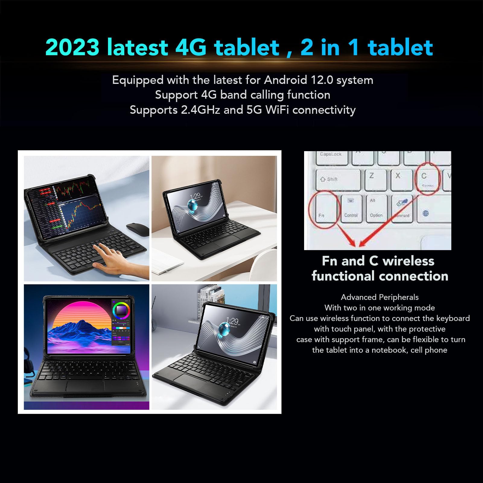 Yoidesu 2 in 1 Tablet with Keyboard, 6GB+128GB, 10.1 Inch Tablet Android 12 Tablet Includes Keyboard and Case, 5G WiFi, 8MP Dual Camera, 1960 x 1080 FHD, 7000mAH (North America Spec.)