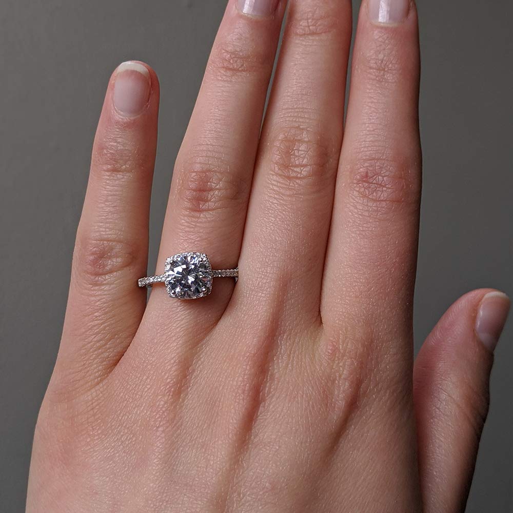 TwoBirch Classic Round Halo Solitaire Engagement Ring with 18k White Gold Plated Sterling Silver and Cubic Zirconia (Size 10)