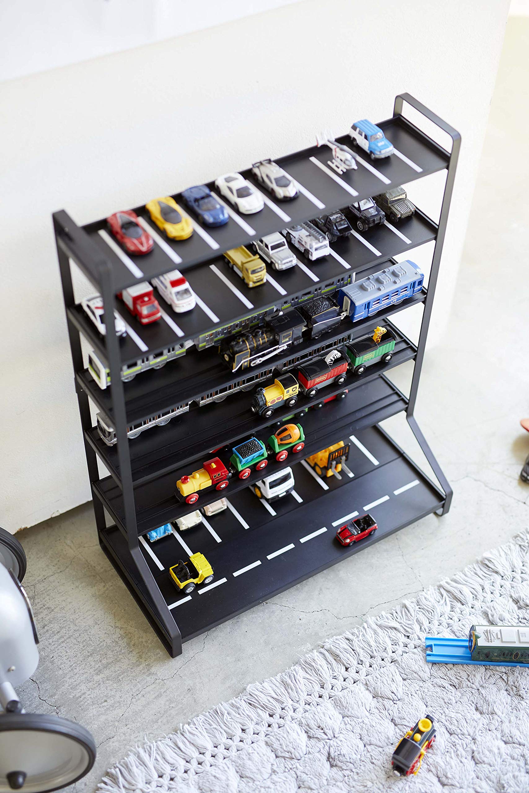 YAMAZAKI Parking Garage Home Train Hotwheels Model Car Display | Kids Steel | Toy Storage, One Size, Black