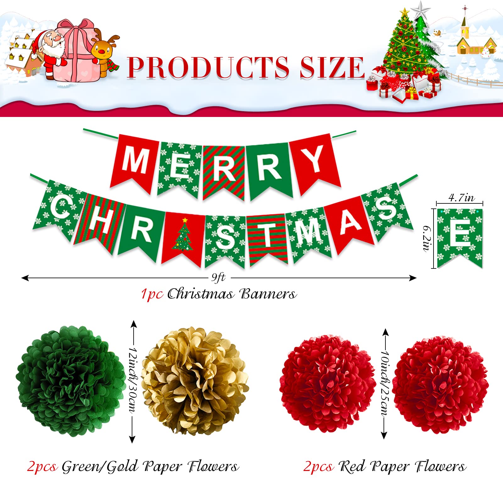 YIOTJUNL Christmas Decorations Party Paper Lanterns Set,Red and Green Pom Poms Christmas Decorations,Merry Christsmas Banner for Christmas Party Decorā¦
