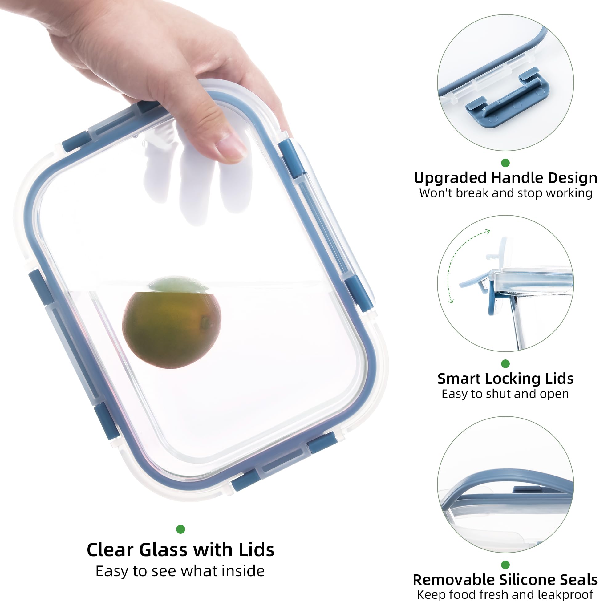 UMEIED 10-PACK Glass Food Storage Containers Set with Airtight Lids, for Meal Prep, Lunch and Portion Control, Microwave, Oven, Freezer and Dishwasher Safe (Grey Blue) US-TL