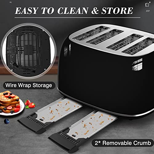 Toaster 4 Slice Stainless Steel Toaster with Bagel, Cancel, Defrost Function, Keenstone 4 Slice Toaster with Removable Crumb Tray, 4 Extra Wide Slots, 6 Shade Settings, Black