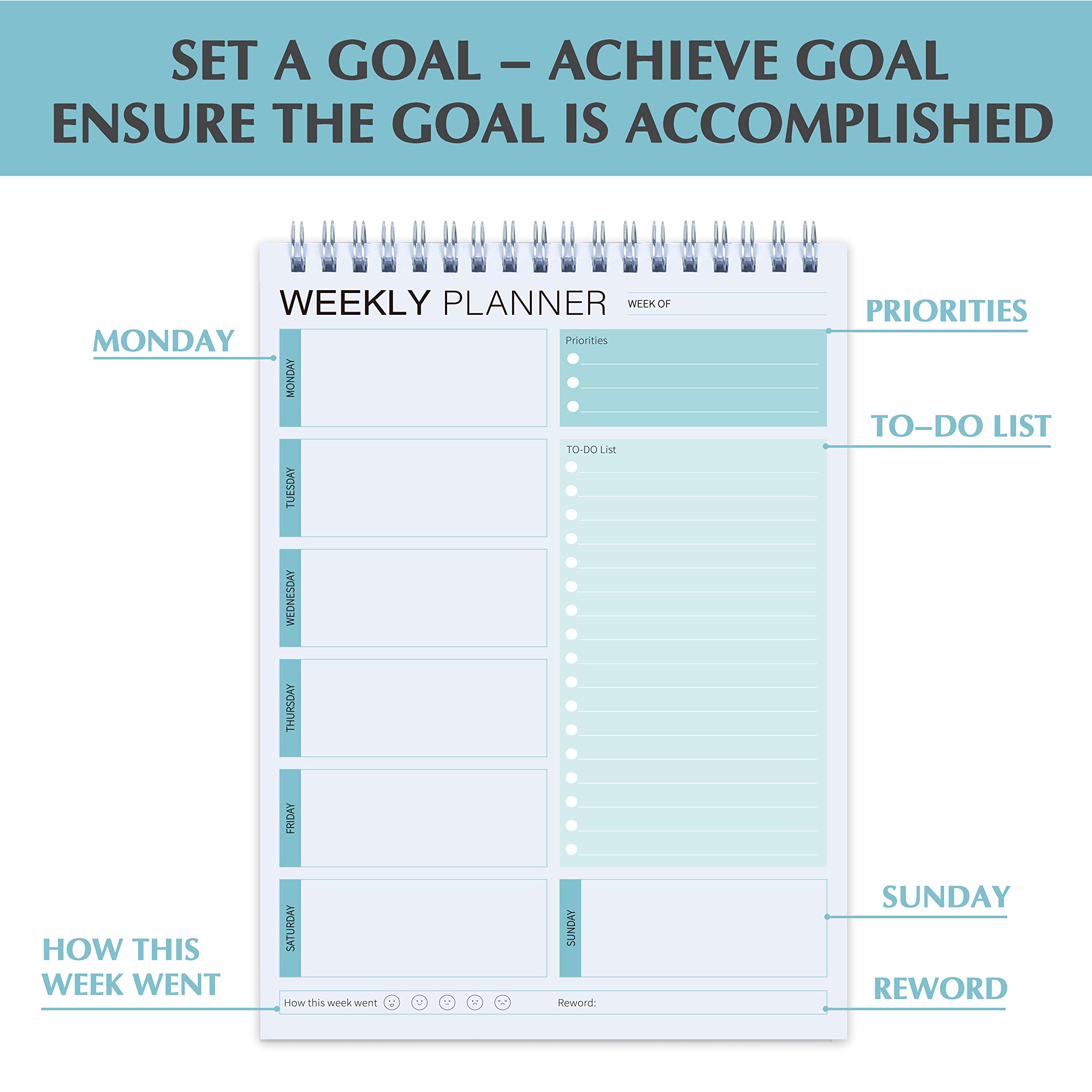Weekly Planner Notepad - Weekly Spiral To Do List Planning Pad, 52 Undated Sheets, Desk Notepad, Daily Calendar, Goal Planner, To Do List, 6.5 x 9.8