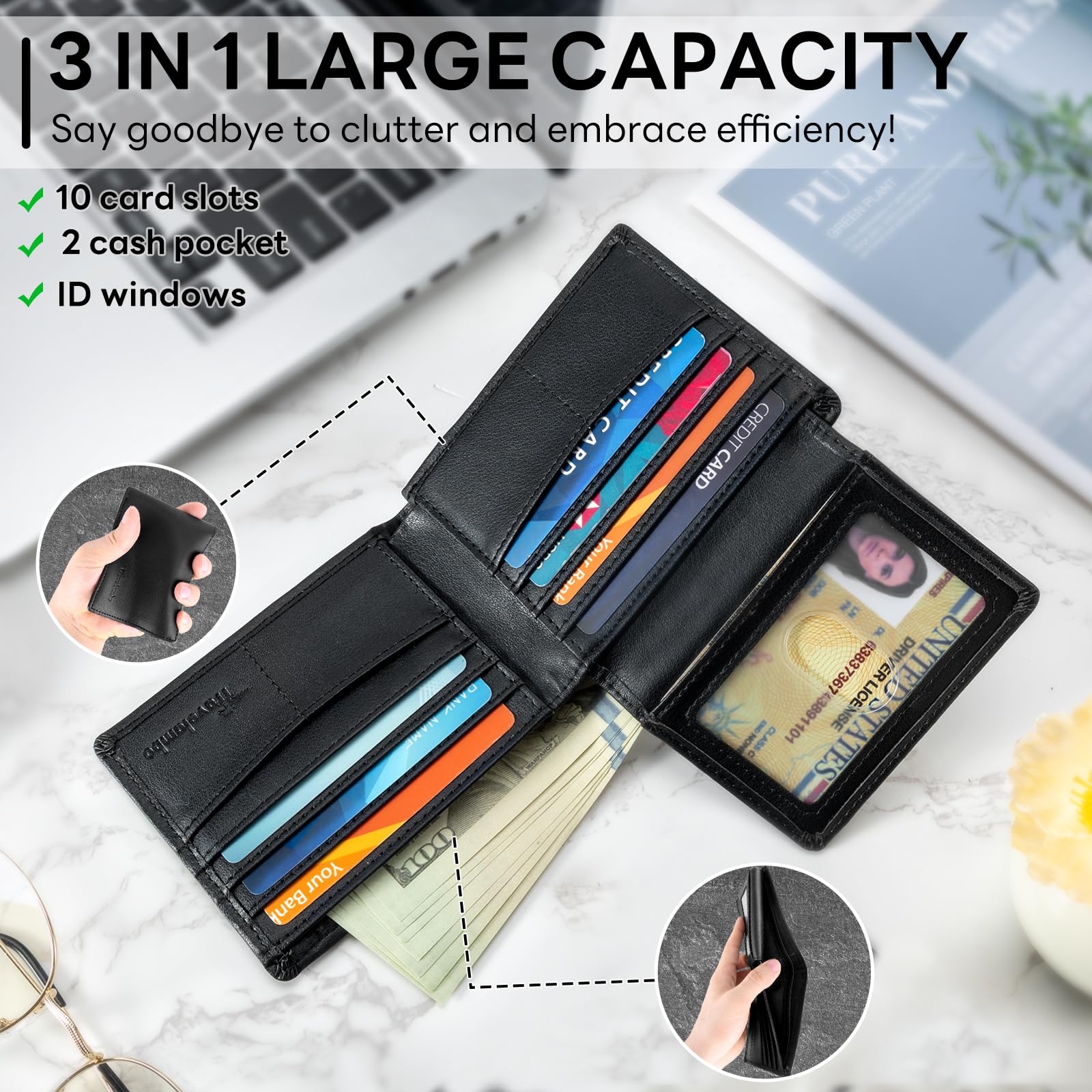 Travelambo Black Wallet for Men, Premium Genuine Leather RFID Blocking Mens Wallet, 10 Credit Card Holder Minimalist Front Pocket, Mens Bifold Wallet with 2 ID Window