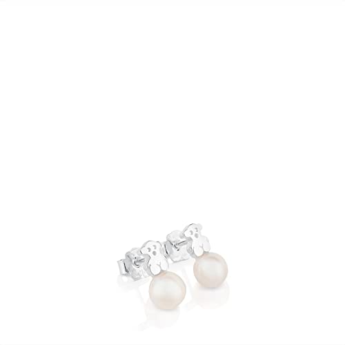 TOUS Sterling Silver Earrings for Women with Pearls & Bear Motif, Size: 1 cm. Puppies Collection