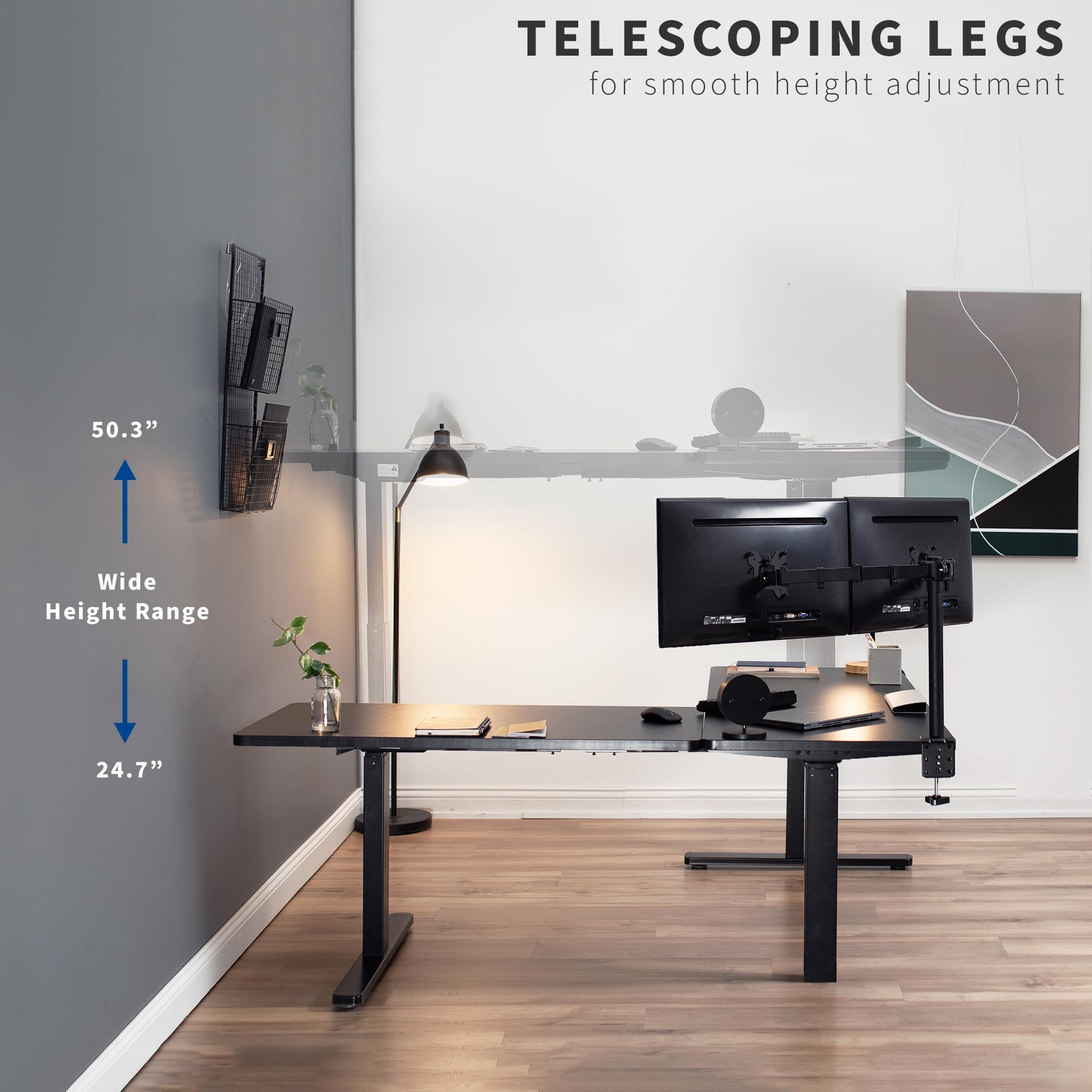 VIVO Electric Height Adjustable 67 x 60 inch Corner Stand Up Desk, 2 Black Solid Table Tops, Black Frame, Memory Controller, L-Shaped Workstation, 3E Series, DESK-KIT-3E6B