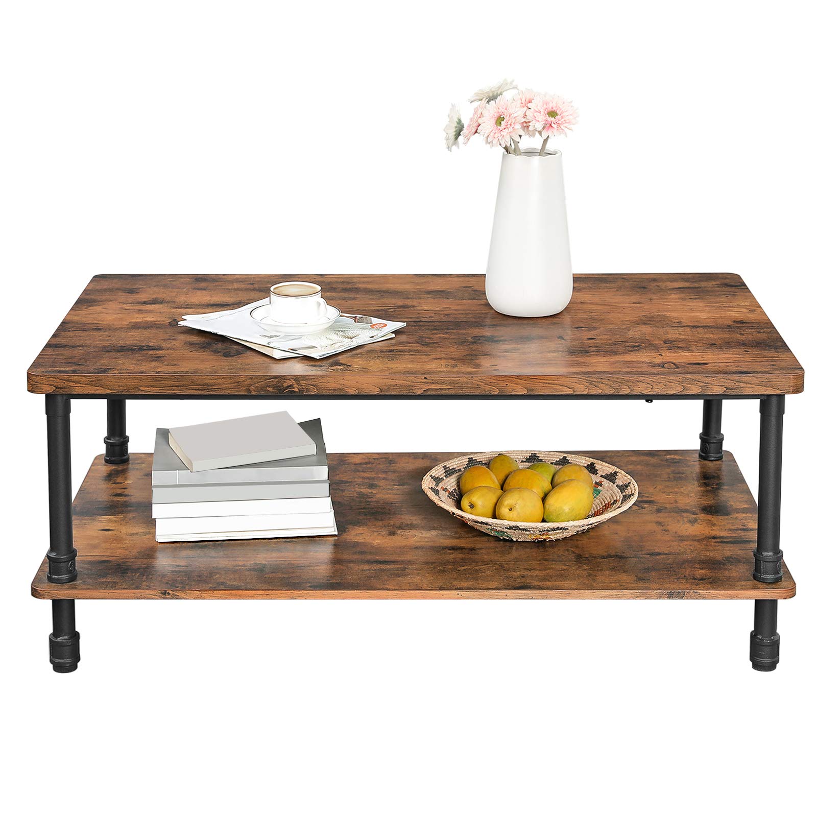 VASAGLE URBENCE Coffee Table, Accent Table with 1.2 Inches Thick Tabletop, Easy Assembly, Cocktail Table with Iron Pipe Legs for Living Room Office Reception, Industrial, Rustic Brown ULCT62X
