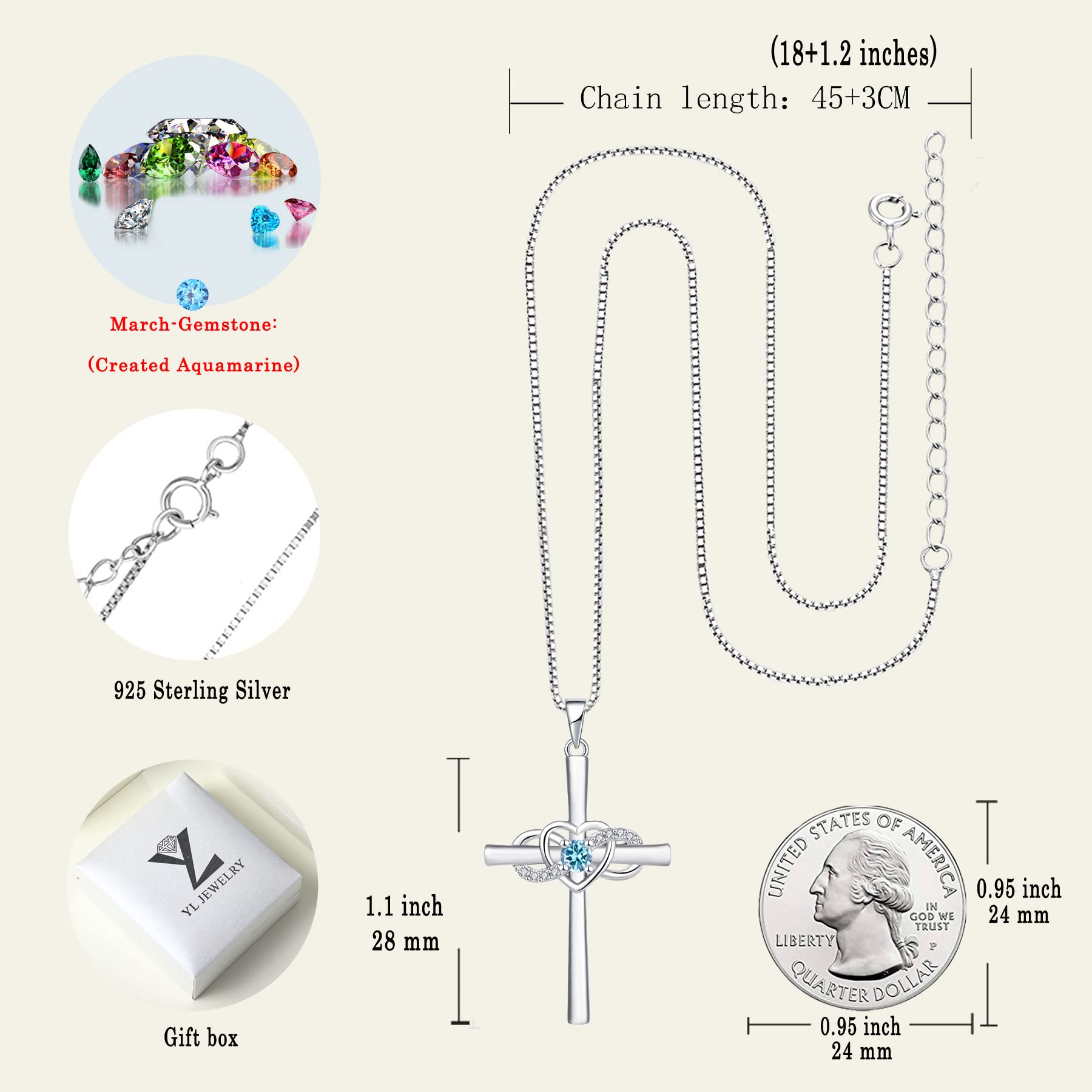 YL Women's Cross Necklace Sterling Silver Infinity Heart Crucifix Pendant Created Aquamarine Criss Jewelry