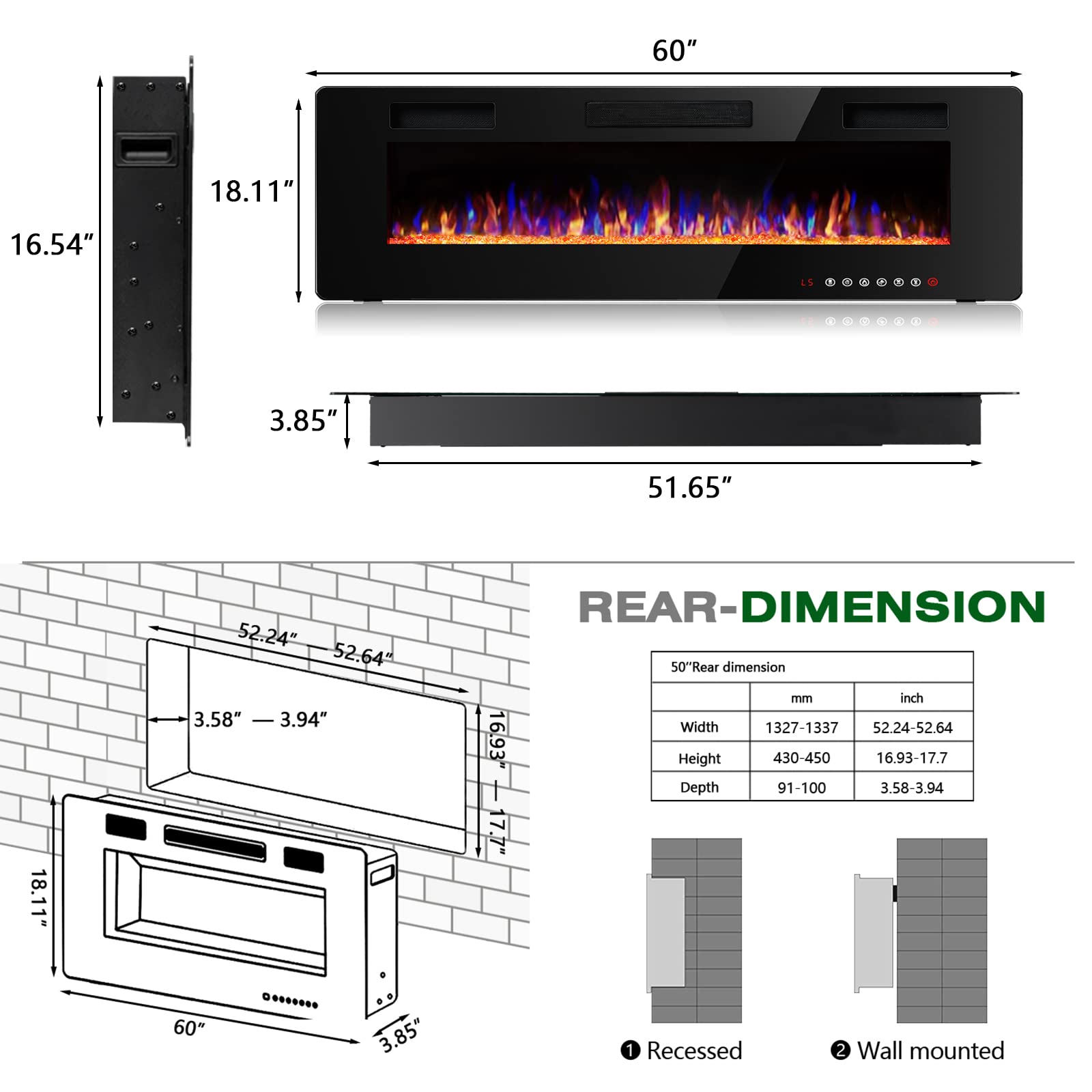 TAVATA 60" Recessed and Wall Mounted Electric Fireplace, Wall Fireplace Electric with Remote Control & Timer, Touch Screen, Adjustable Flame Color and Speed, 750w/1500w