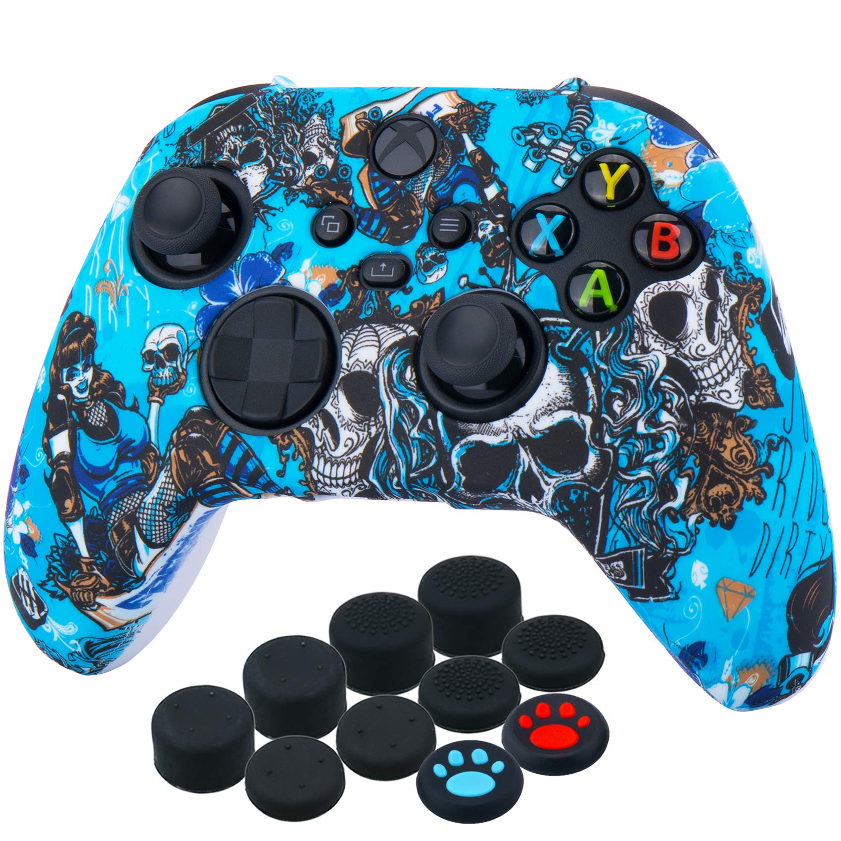 YoRHa Transer Printing Silicone Thickened Cover Skin Case for Xbox Series X/S Controller x 1(Witch) with Thumb Grips x 10
