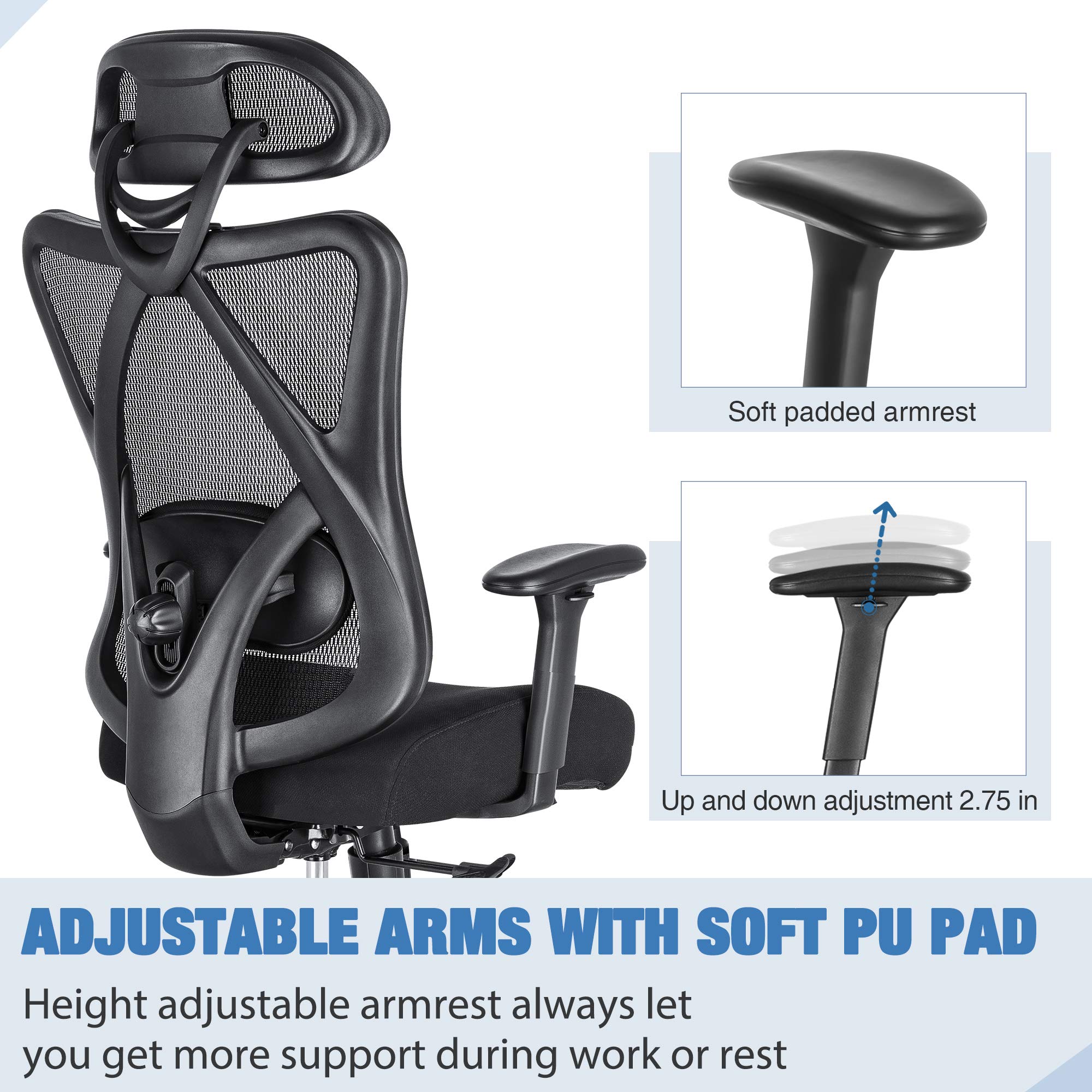 SUNNOW Ergonomic Office Chair, Mesh Computer Chair with Adjustable Lumbar Support & Thick Seat Cushion, Adjustable Headrest & Armrest, 135°Reclining, Swivel Executive Task Chair for Office, Work