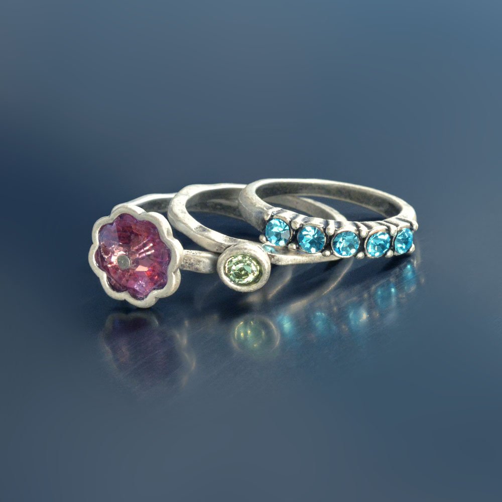 Sweet Romance Vintage Flower Swarovski Crystal Inspirational Wanderlust Boho Stack Rings - Set of 3 Stacking Rings (E - Adventure - Size 7)