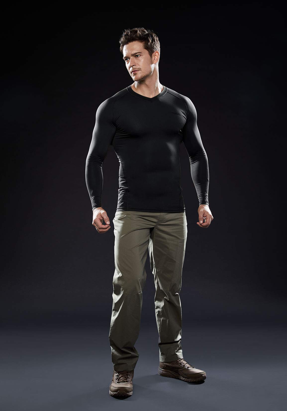 TSLA Men's Tactical V-Neck Long Sleeve Compression Shirts, Cool Dry Athletic Workout Shirt, Active Base Layer T-Shirts, V Neck Black, Medium