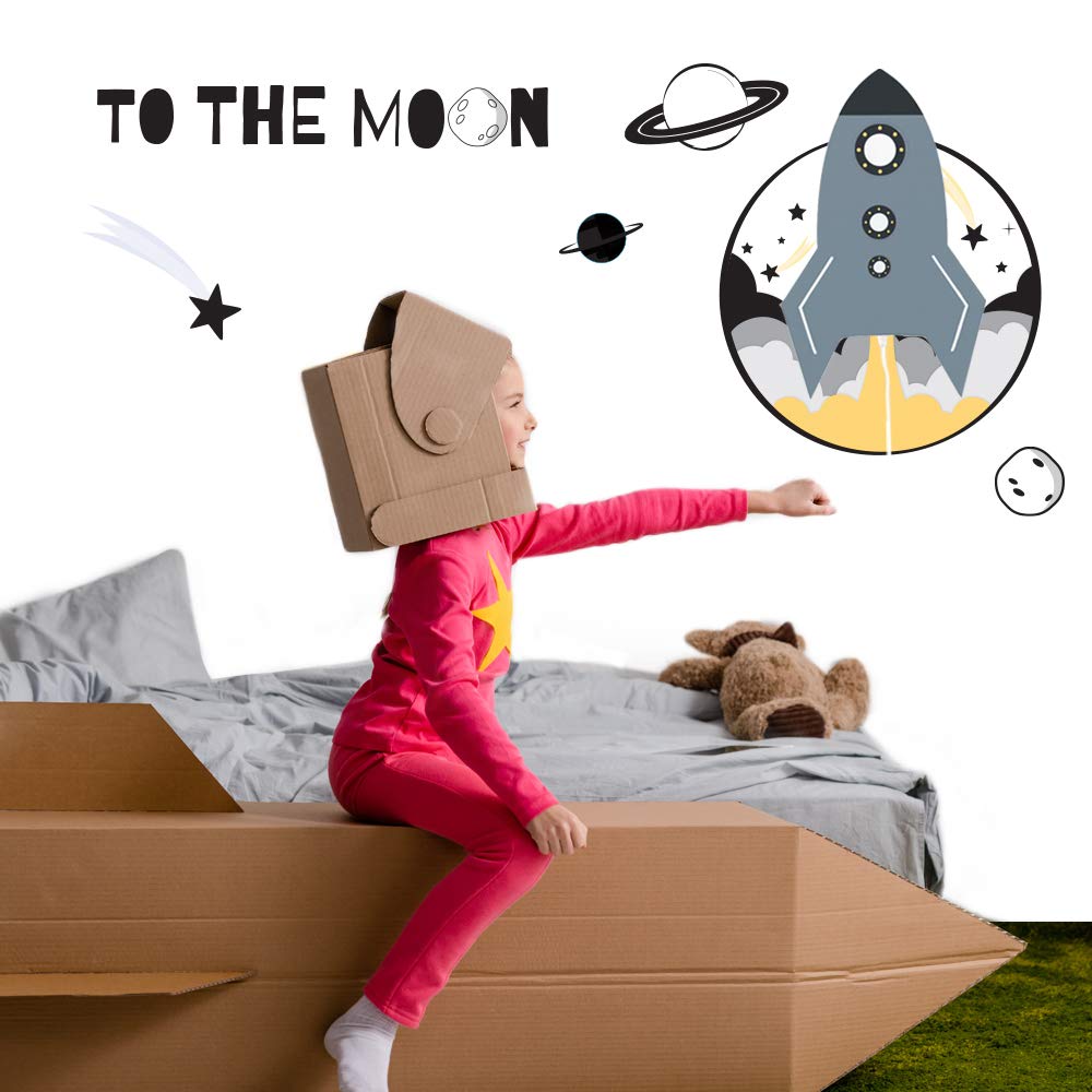 SMART WALLABY Wall Lamp & Decals Set for Kids. Spaceship Shaped LED Night Light Sconce + Space Theme Wall Stickers. Quick, Easy & Modular Nursery or Kids Room Décor Upgrade