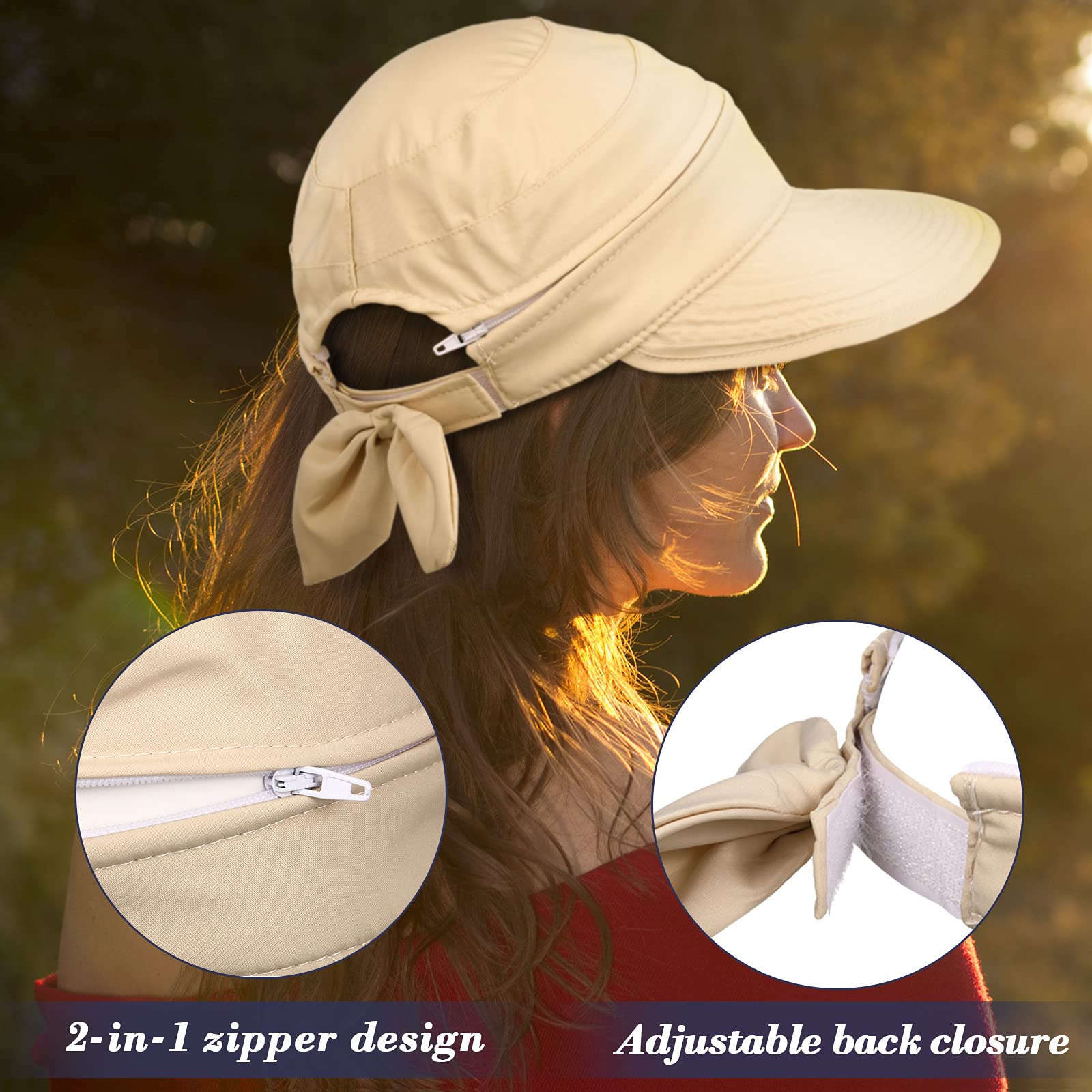 Women's Sun Hats Beach Hats with Wide Brim 2 in 1 Women UV Protection Sun Hat Packable Visor Golf Hat for Women (Beige, Navy Blue, Gray,3 Pieces)