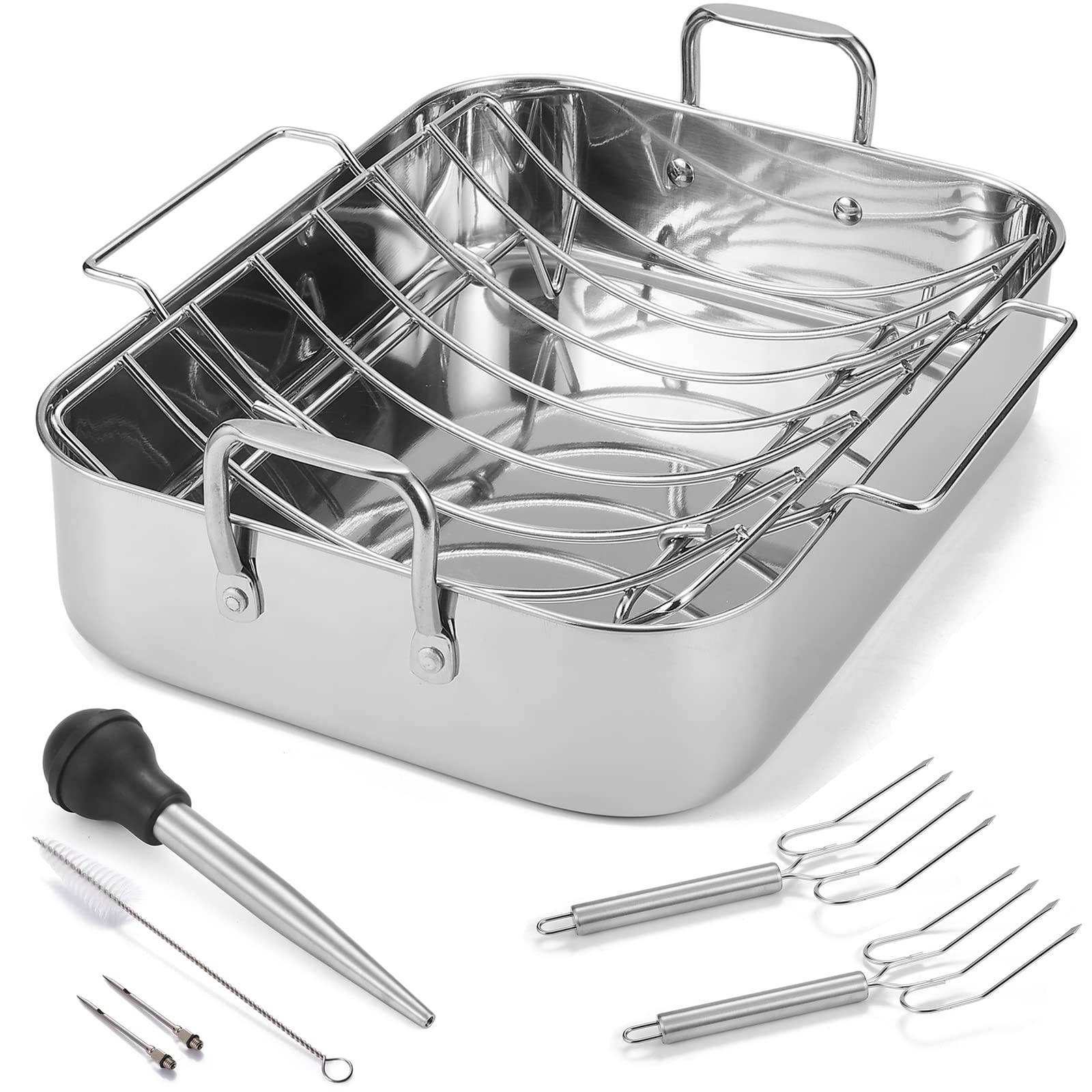 WEZVIX Stainless Steel Roasting Pan with Rack, 16.5 Inch Rectangular Turkey Roaster Lasagna Pan for Roasting Turkey, Chicken, Meat & Vegetables, Non-toxic & Heavy Duty, Easy Clean & Dishwasher Safe