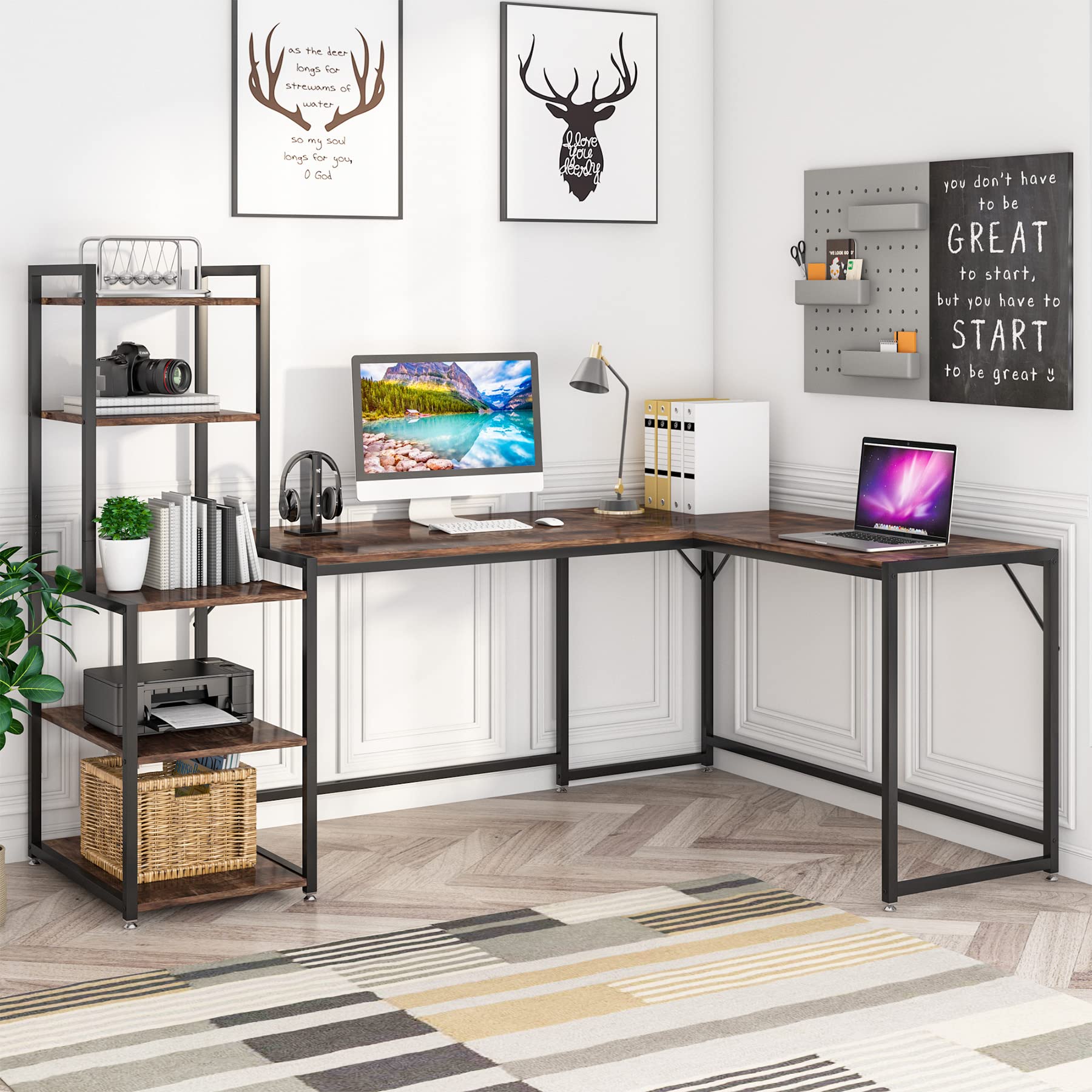 Tribesigns 79 Inch Reversible L-Shaped Desk, Industrial Large Corner Desk with 5 Tier Storage Shelves, Large L Desk Home Office Desk Computer Table Writing Desk, Rustic Brown