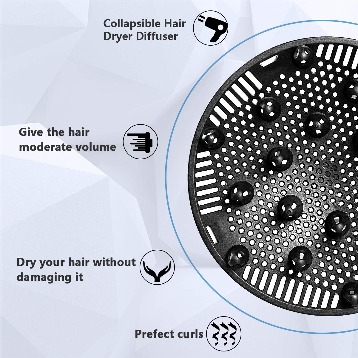 Universal Hair Diffuser for Curly Wave Thick and Frizzy Hair Adaptable for Hair Dryer with 1.38-inch to 2.68-inch Blow Dryer Diffuser (Black)