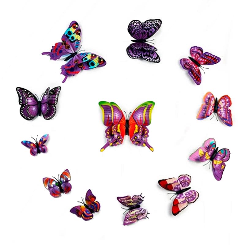 TABLECLOTHSFACTORY 36 Pack 3D Double Wing DIY Butterfly Magnet Wall Decoration Stickers - Purple Collection for Wedding Party Home Decor