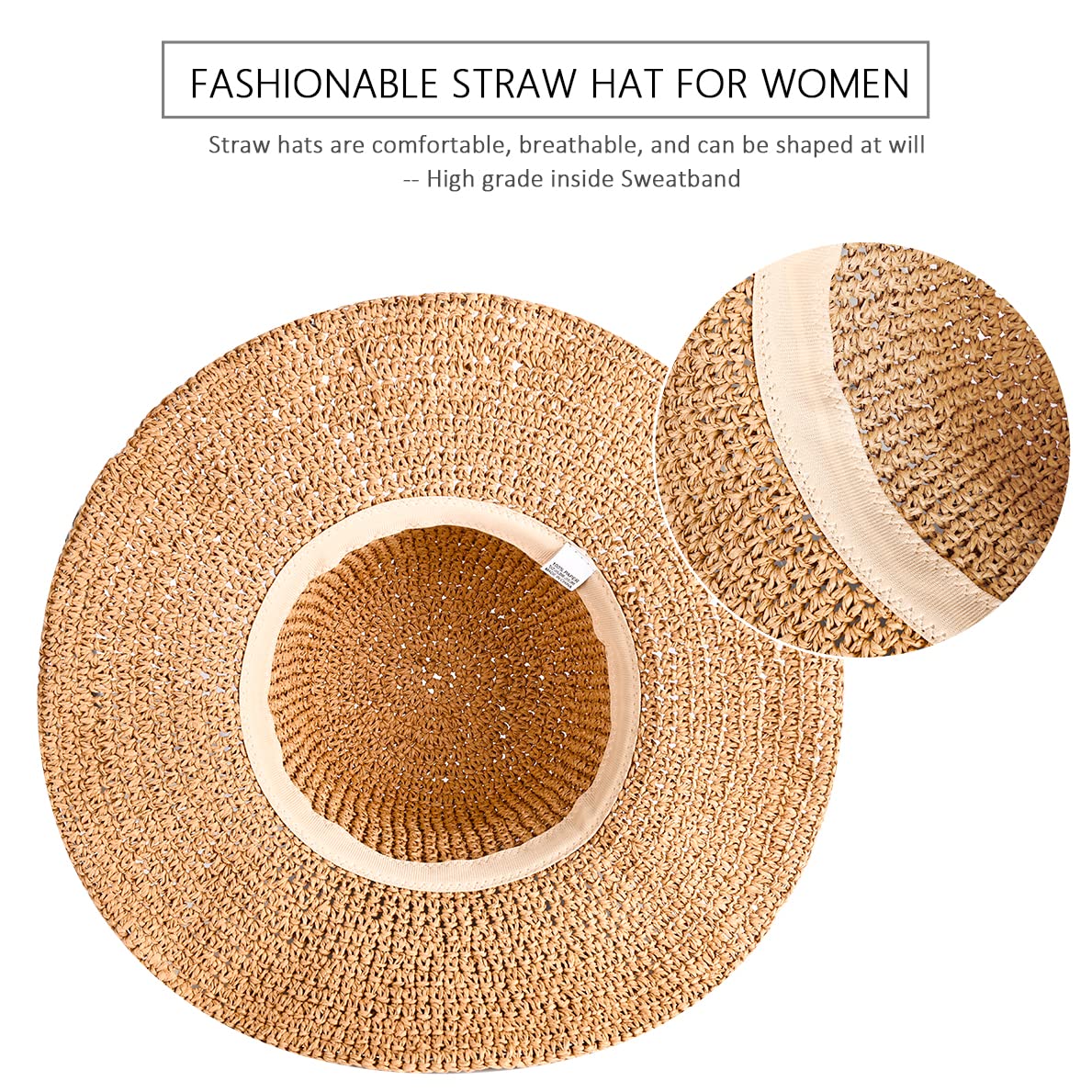 Women's Wide Brim Sun Protection Straw Hat,Folable Floppy Hat,Summer UV Protection Beach Cap (one Size, 1pcs-Khaki-tz)