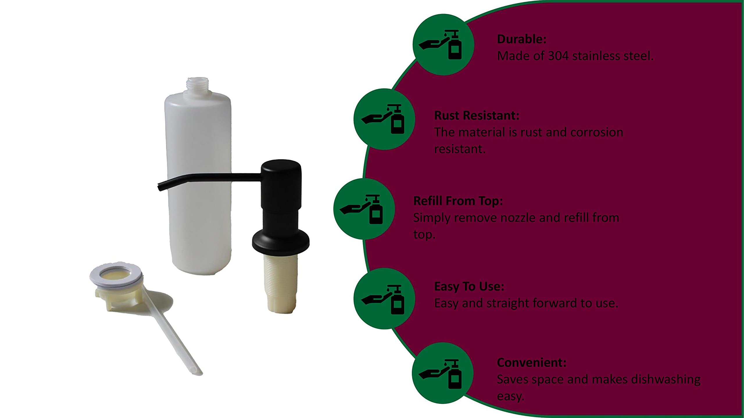 Soap Dispenser for Kitchen Sink, Built in, Stainless Steel (Brushed Nickel), Pump Set for Dish Soap or Lotion, Refill from The Top, for CounterTop, Black