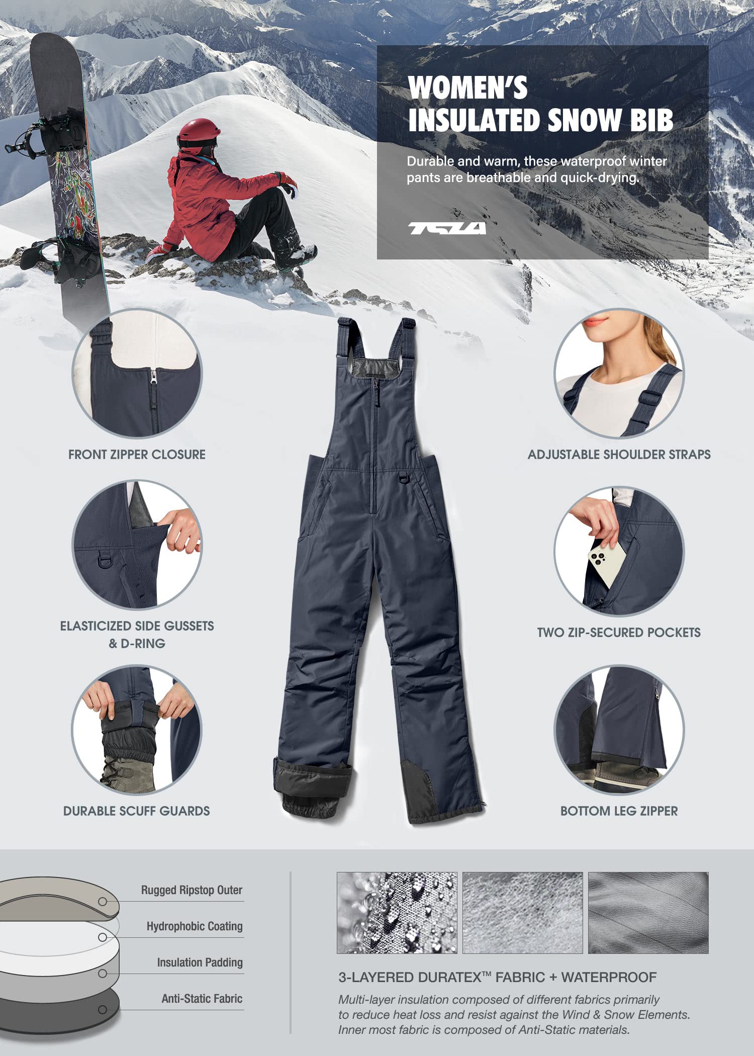 TSLA Women's Winter Snow Bibs, Waterproof Insulated Snowboard Overalls, Ripstop Ski Pants, Winter Snow Bib Charcoal Blue, Medium