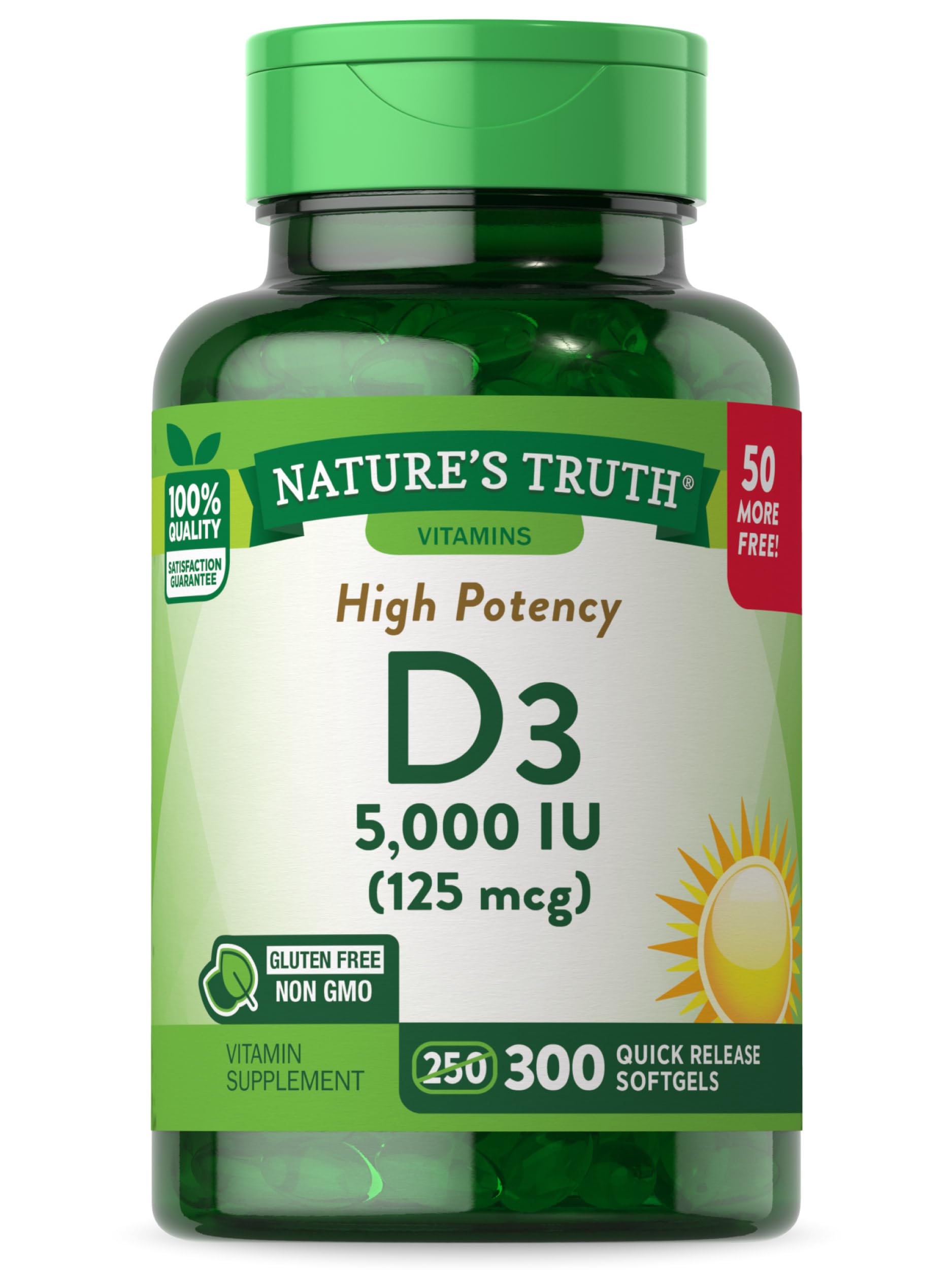 Vitamin D3 5000 IU | 300 Softgels | High Potency Vitamin D | Non-GMO and Gluten Free Supplement | by Nature's Truth