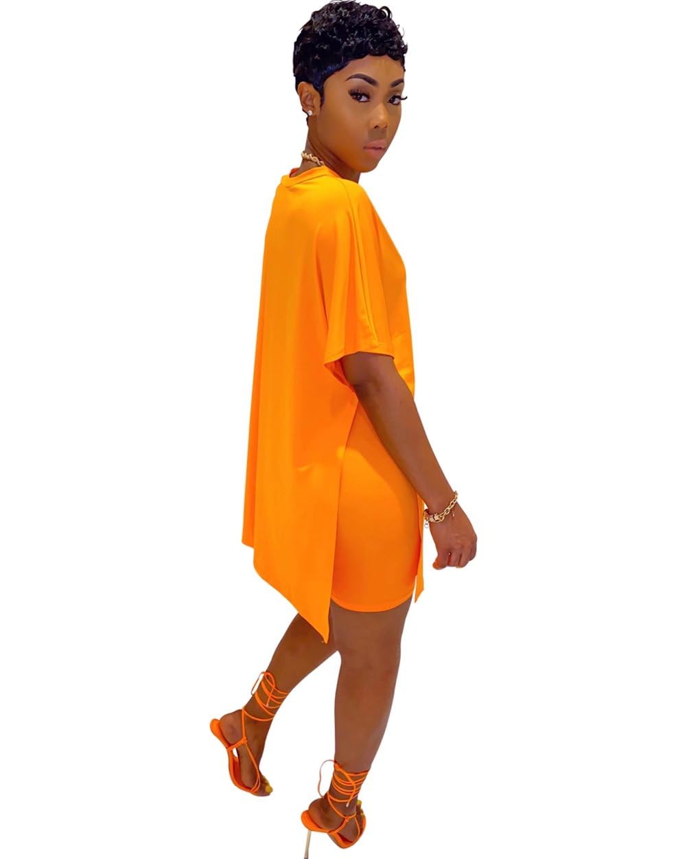 Women Casual Oversized Two Piece Outfits Batwing Sleeve Split Caftan Poncho Tops Shorts Set Tracksuit Jumpsuit Orange XL