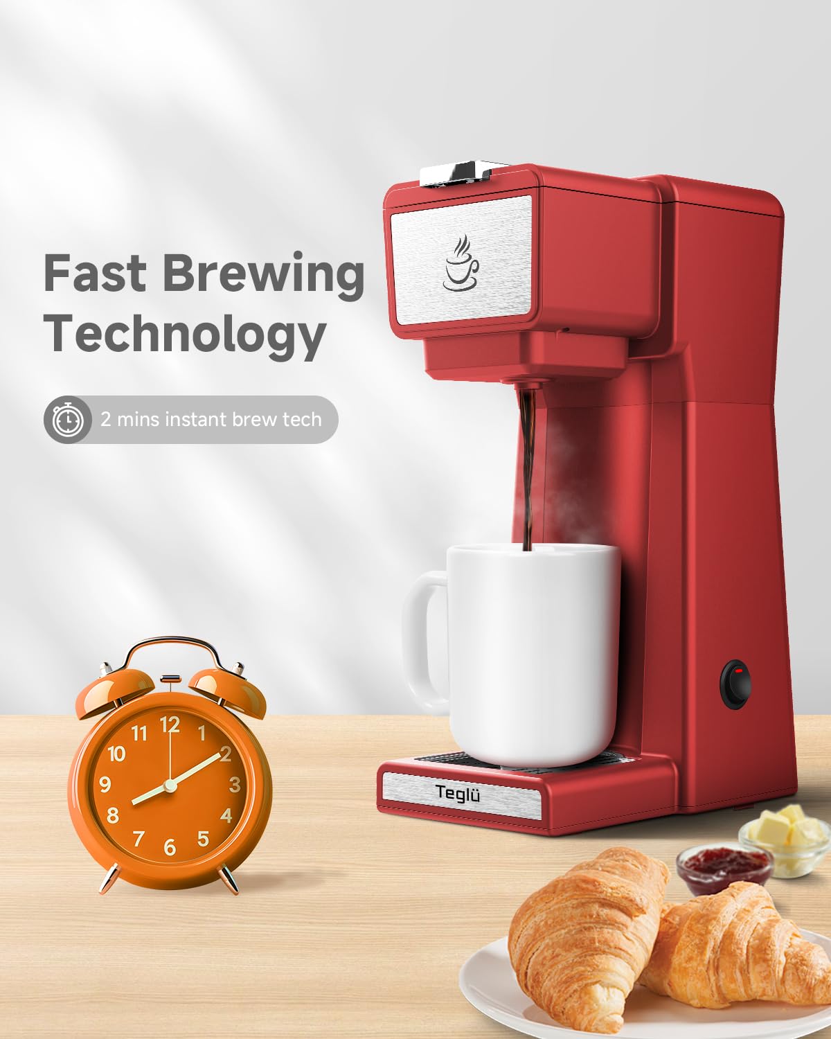 Teglu Single Serve Coffee Maker for K Cup & Ground Coffee, Single Cup Coffee Maker 6 to 14 oz, Fits Travel Mug 6.7", CM-206, Red