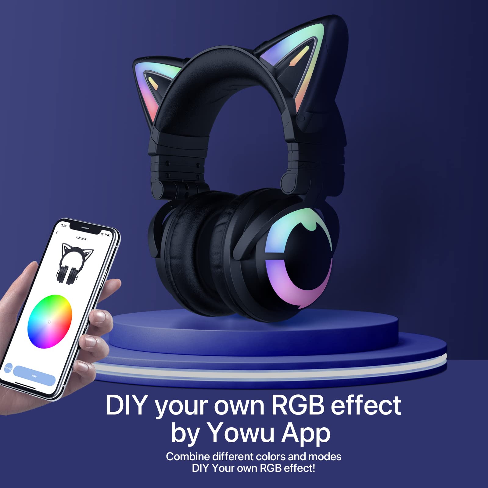 YOWU RGB Cat Ear Headphone 3G Wireless 5.0 Foldable Gaming Headset with 7.1 Surround Sound, Built-in Mic & Customizable Lighting and Effect via APP, Type-C Charging Audio Cable-Black