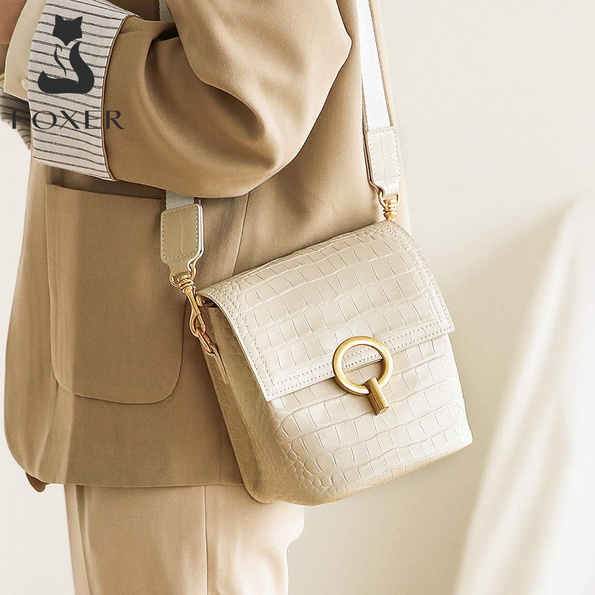 Women Shoulder Bag Genuine Leather Handbag Crossbody Crocodile Pattern Designer Mini Bags (White)