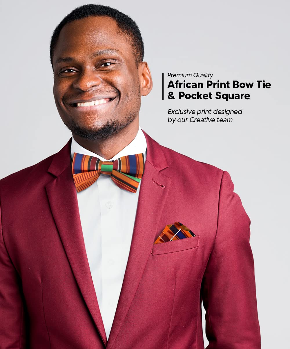 Vittorio Farina Premium African Kente Pre-Tied Bow Ties & Pocket Square Set for Men (Kente #1)