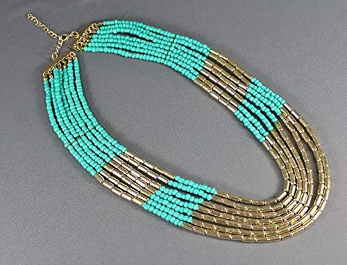 Turquoise Gold 7-Strand Layered Bib Beaded Necklace Statement Piece For Women