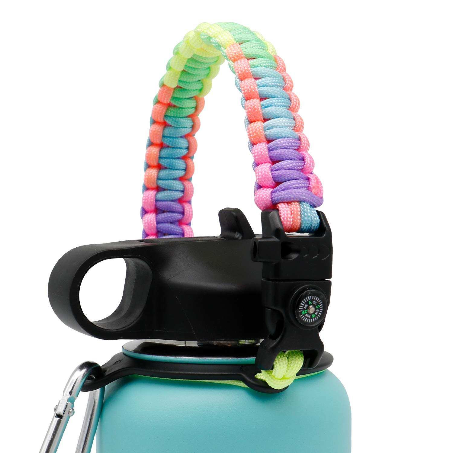 Slo Life Paracord Handle Strap Cord with Safety Ring & Carabiner for Hydro Flask & Other Wide Mouth Water Bottle for Hiking Camping Walking 12-64oz-Rainbow