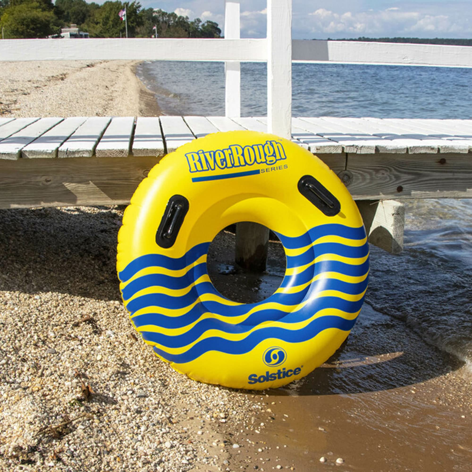 Swimline 17035ST Solstice River Rough 48" Round Heavy Duty Inflatable Inner Tube Swimming Pool 1 Person Lake Float with Handles, Yellow/Blue