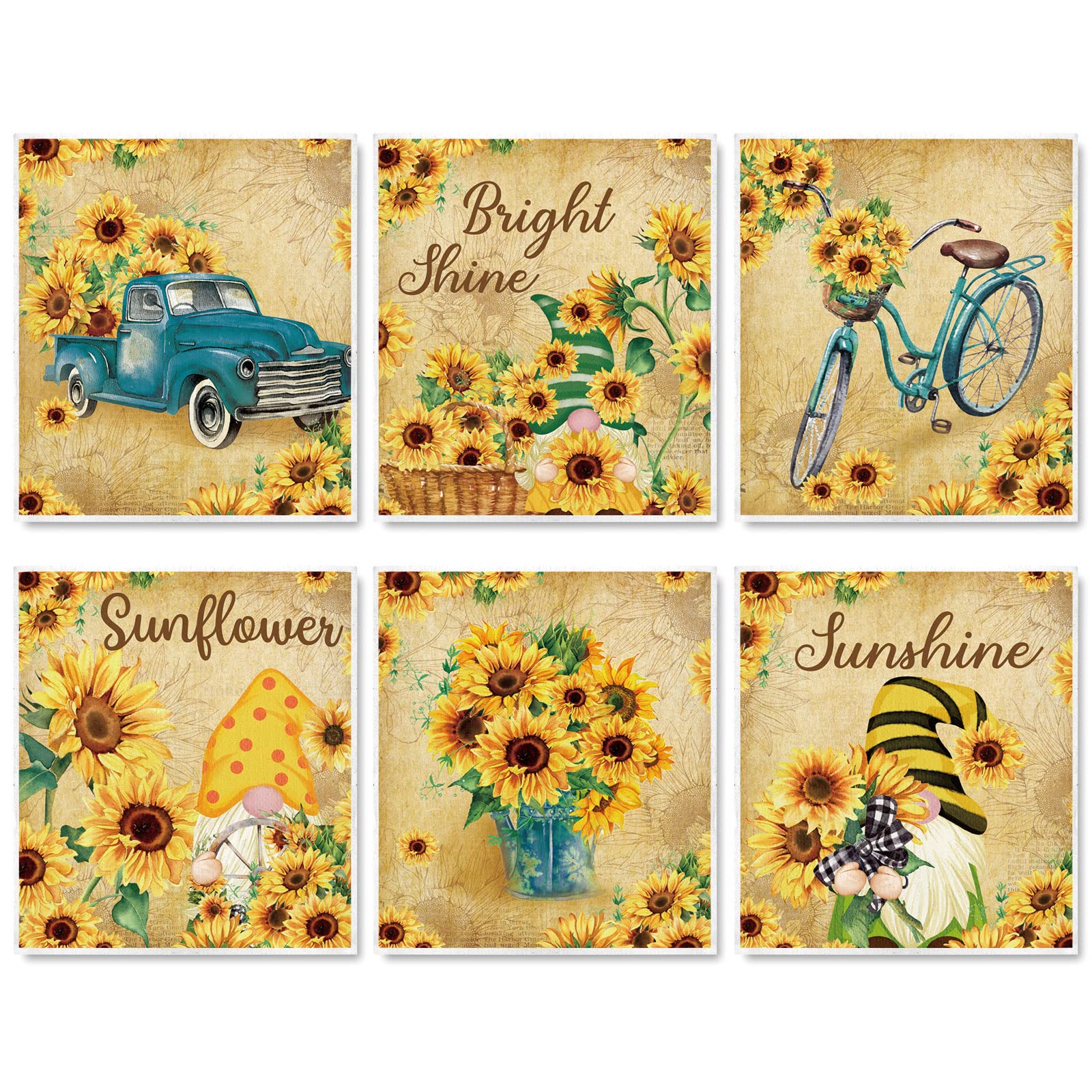 Whaline 6Pcs Sunflower Swedish Kitchen Dishcloths Vintage Spring Summer Flower Gnome Truck Dish Towel Retro Floral Cotton Absorbent Dish Cloth for Home Party Cleaning Housewarming, 6.9 x 7.7 Inch