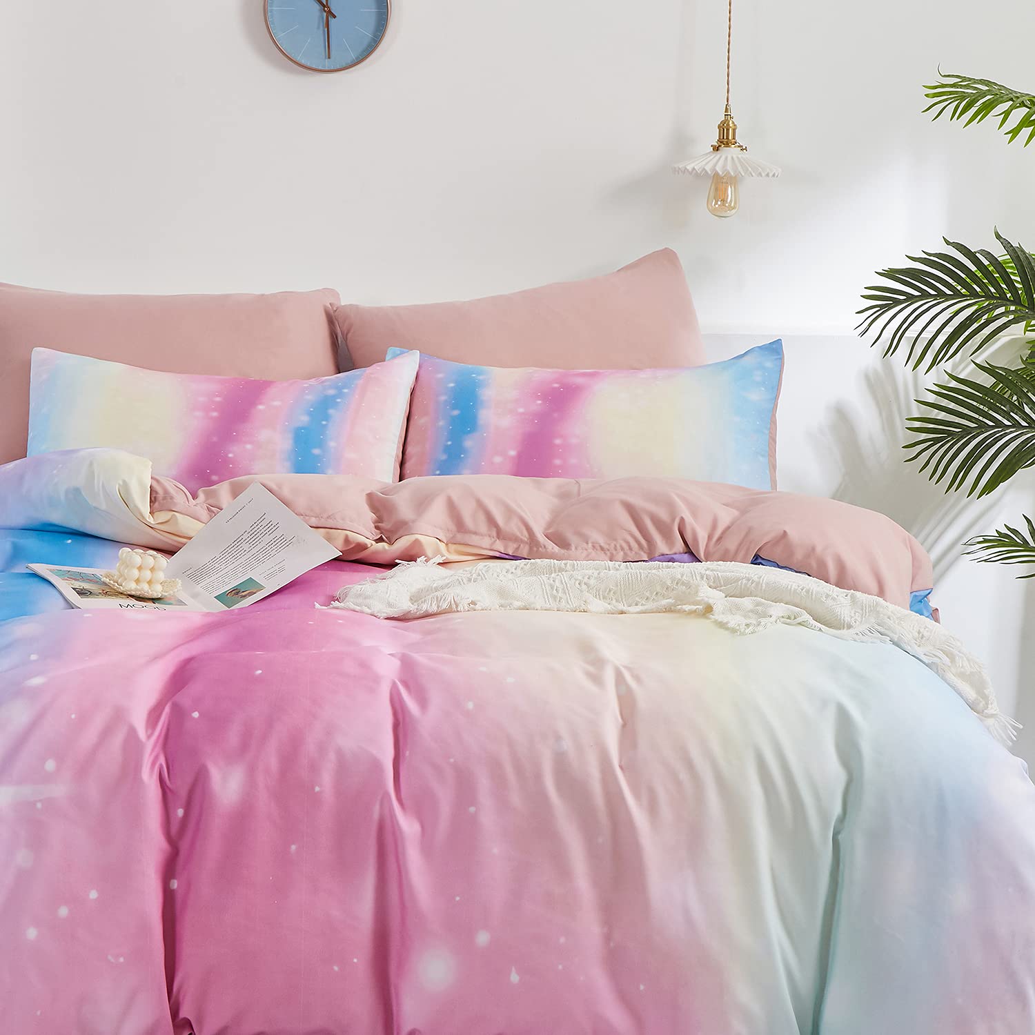 YOOCOOL Galaxy Duvet Cover Twin for Girls,3 Pieces Rainbow Printed Duvet Cover Set Soft Microfiber Material with 2 Pillowcases (Rainbow, Twin)