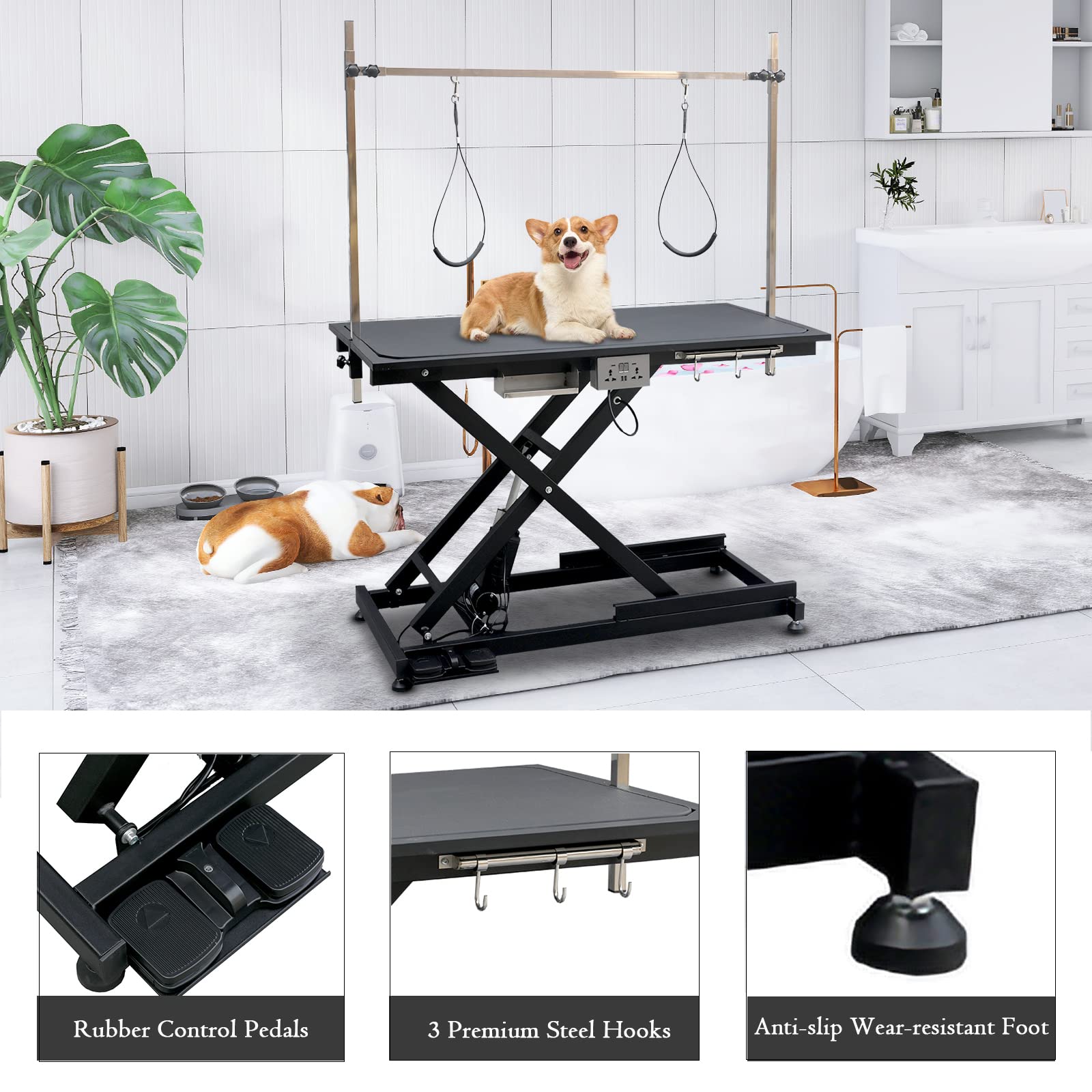 SoarFlash 49.6” Electric Lift Pet Dog Grooming Table,Heavy Duty Electric Grooming Table for Dogs&Cats,Heavy Duty Height Adjustable with Overhead Arm, Clamps, Two Grooming Noose
