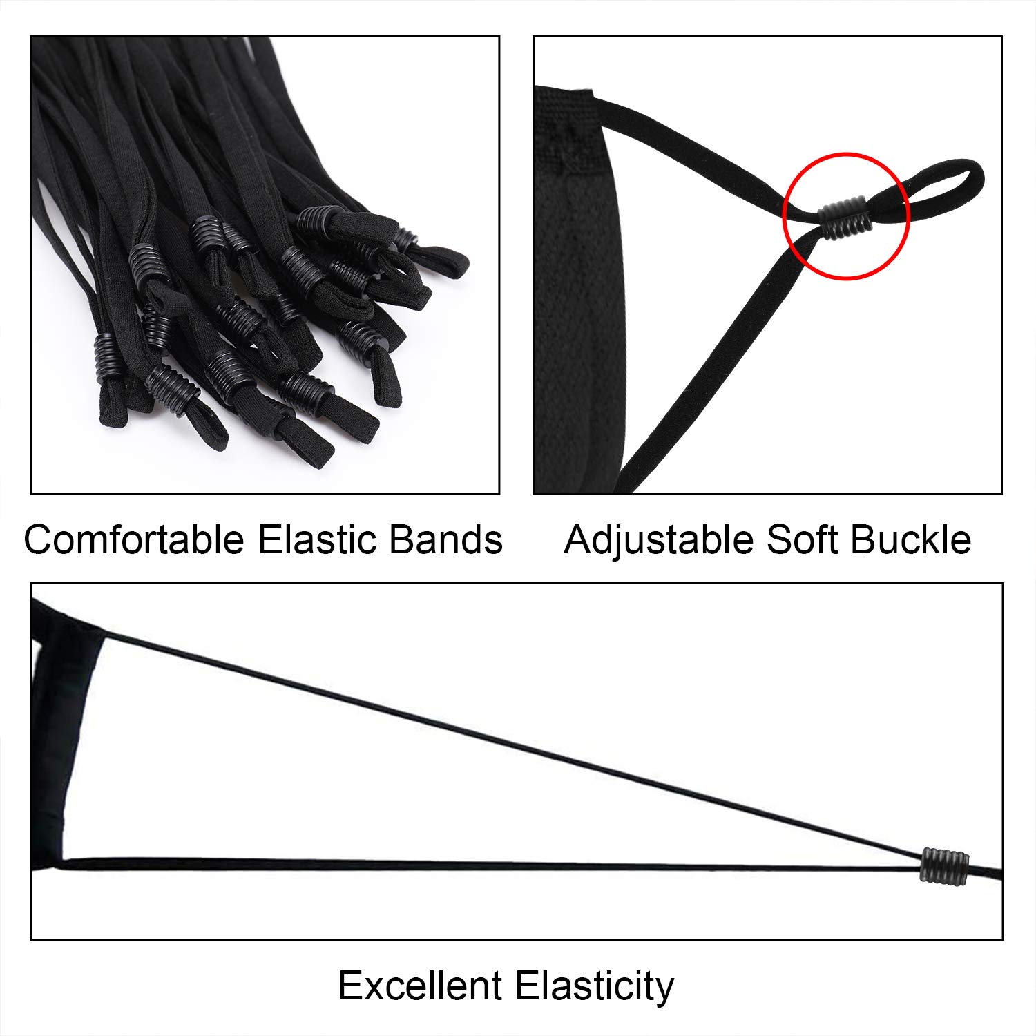 TOOVREN Upgraded 100PCS Elastic Cord String for Masks with Adjustable Buckle Lock Soft Elastic Band for Sewing Stretchy Strap with Adjuster Stoppers Clip Earmuff Earloops for Adult Kids Black