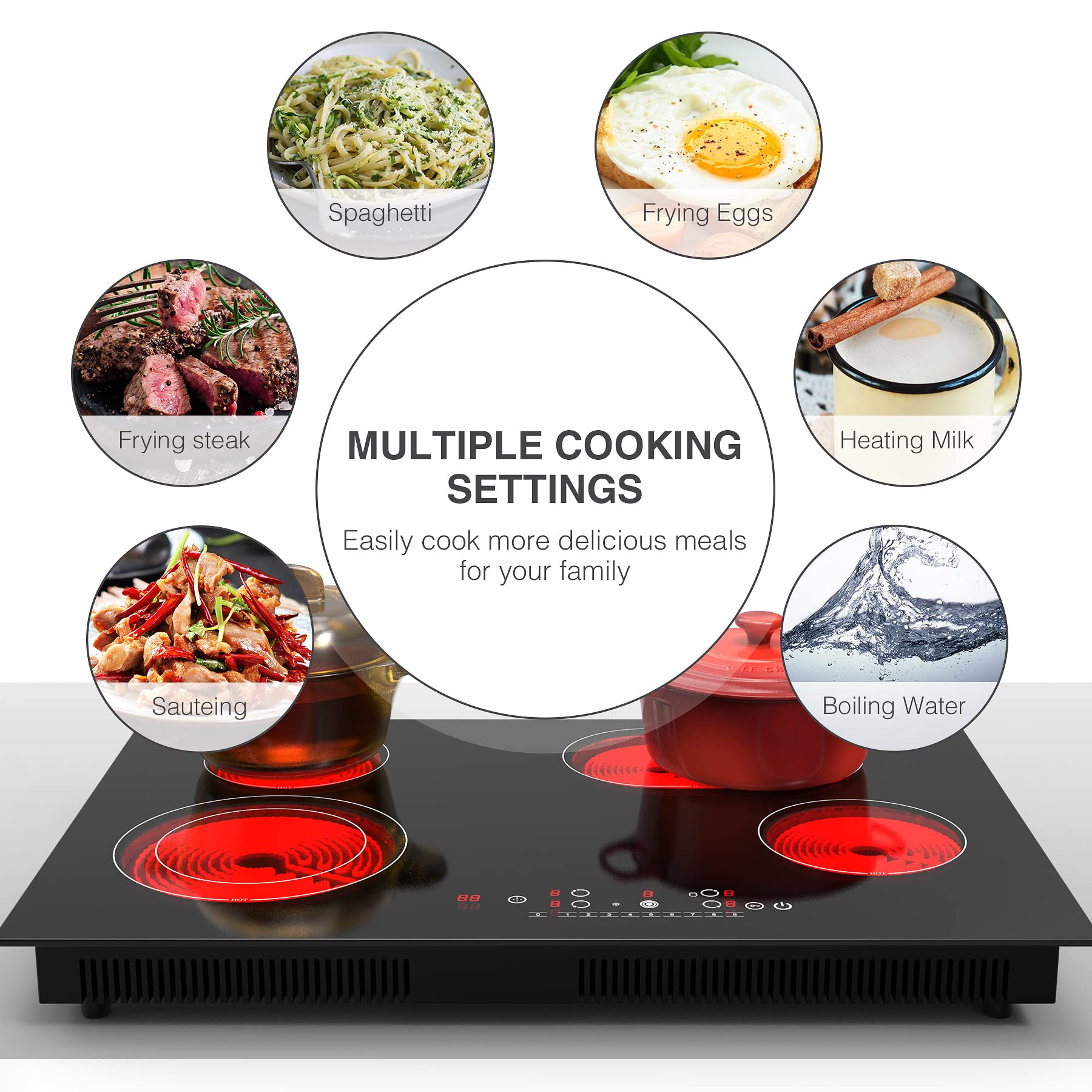 VBGK Electric cooktop 30 inch,240V 7200W Electric Stove 4 burner,Built-in and Countertop Electric Stove Top, LED Touch Screen,9 Heating Level, Timer & Kid Safety Lock, Touch Control