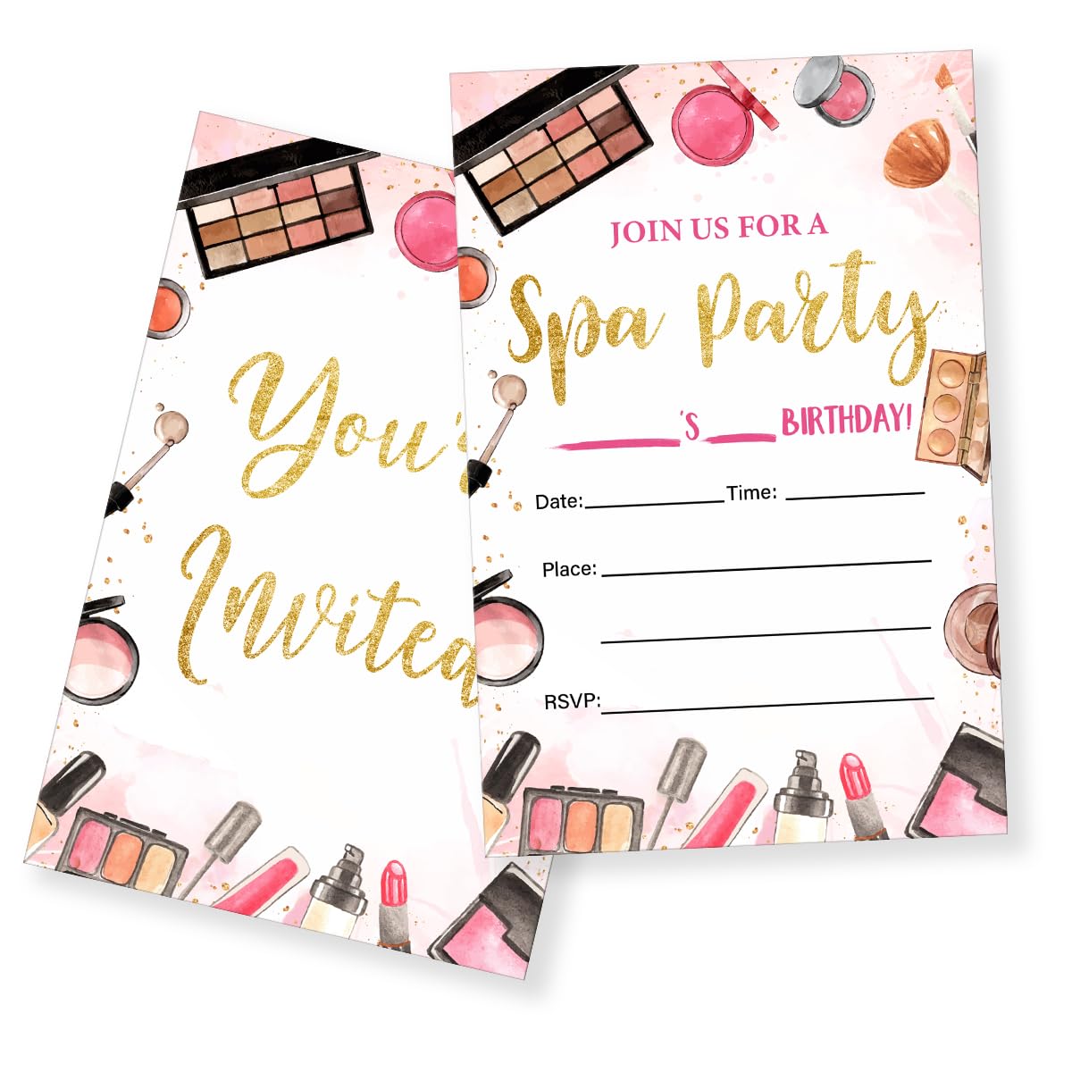 Spa Party Birthday Invitations With Envelopes Set of 20, Glam Makeup Slumber Spa Birthday Party Fill in Invites Cards (Double Sided)