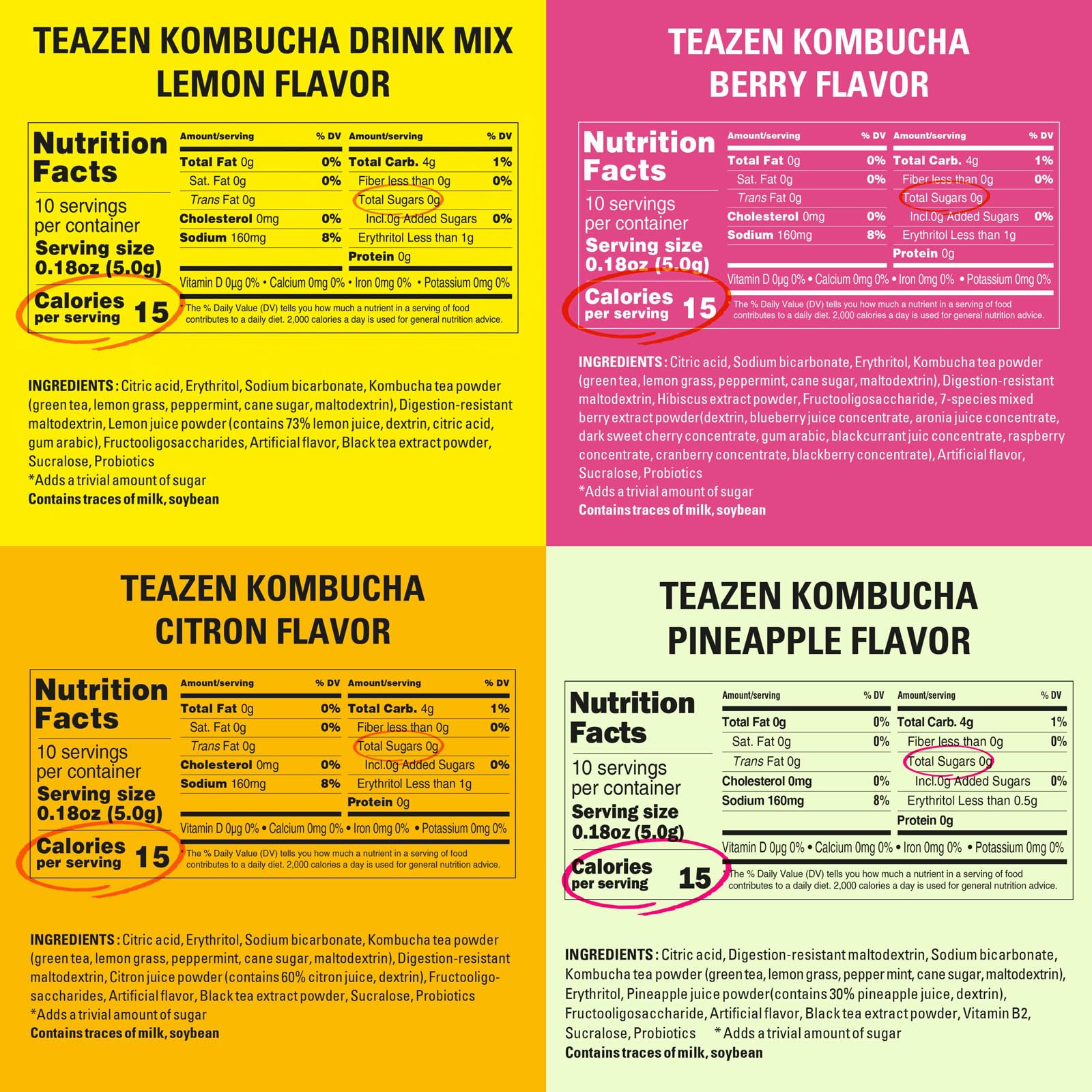 TEAZEN Kombucha 4 Flavors 40 Sticks Variety Pack, Kombucha Lemon, Peach, Berry Citron (40 Sticks)